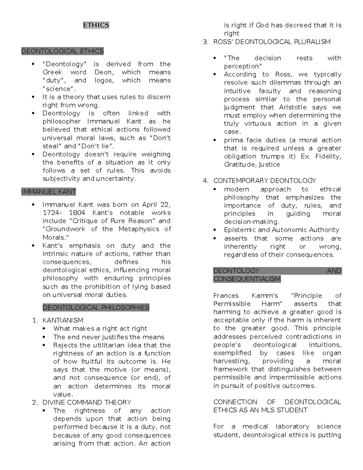 Ethic Final Notes - ETHICS DEONTOLOGICAL ETHICS “Deontology” is derived ...