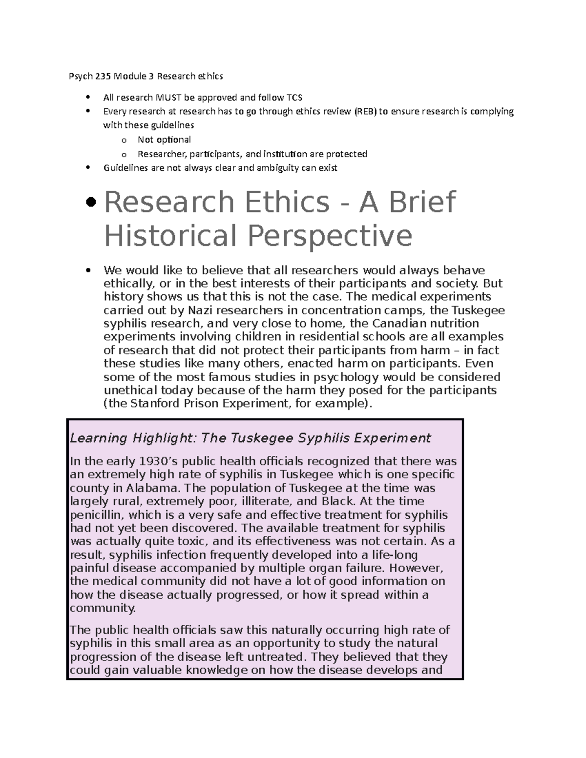 Psych 235 Module 3 Research ethics - Psych 235 Module 3 Research ethics ...