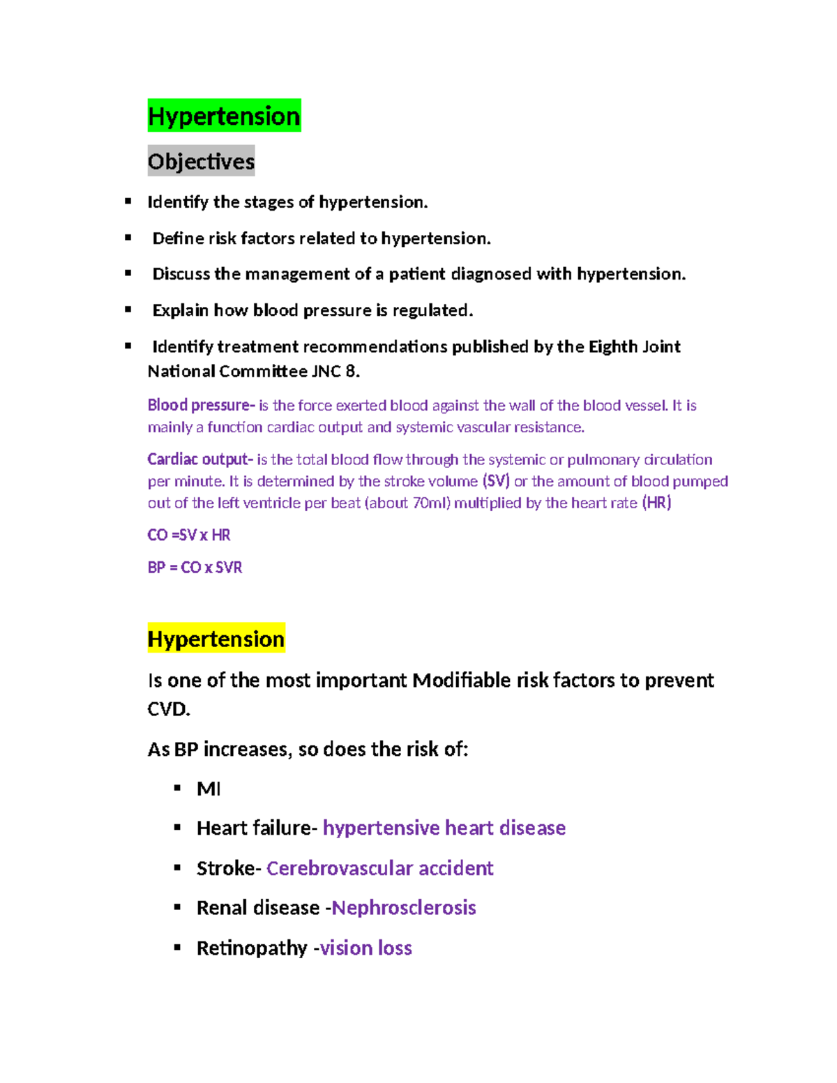 Hypertension Study Guide - Hypertension Objectives Identify the stages ...