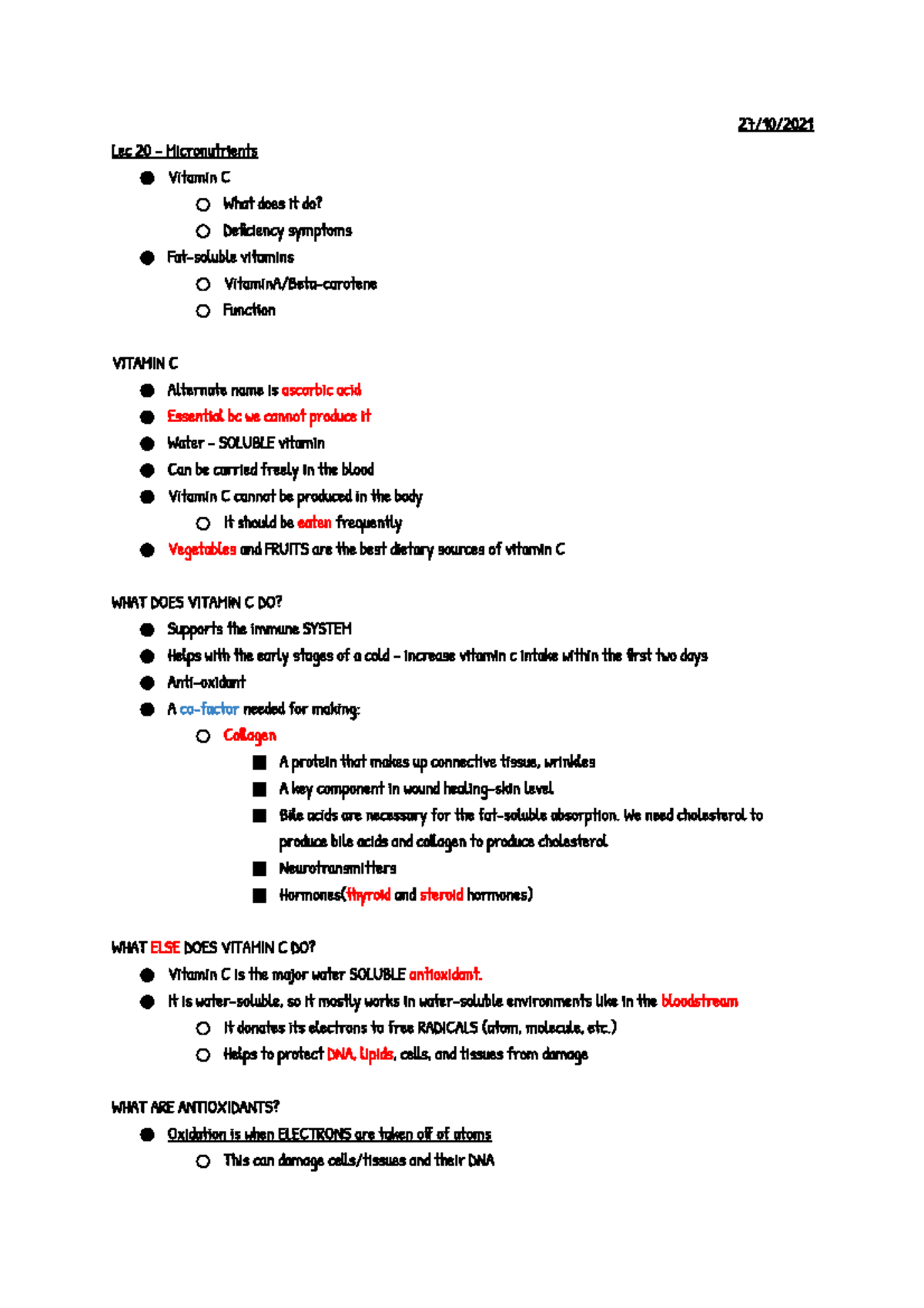 Lec 20 - Micronutrients - 27 / 10 / 2021 Lec 20 - Micronutrients Vitamin C What does it do ...