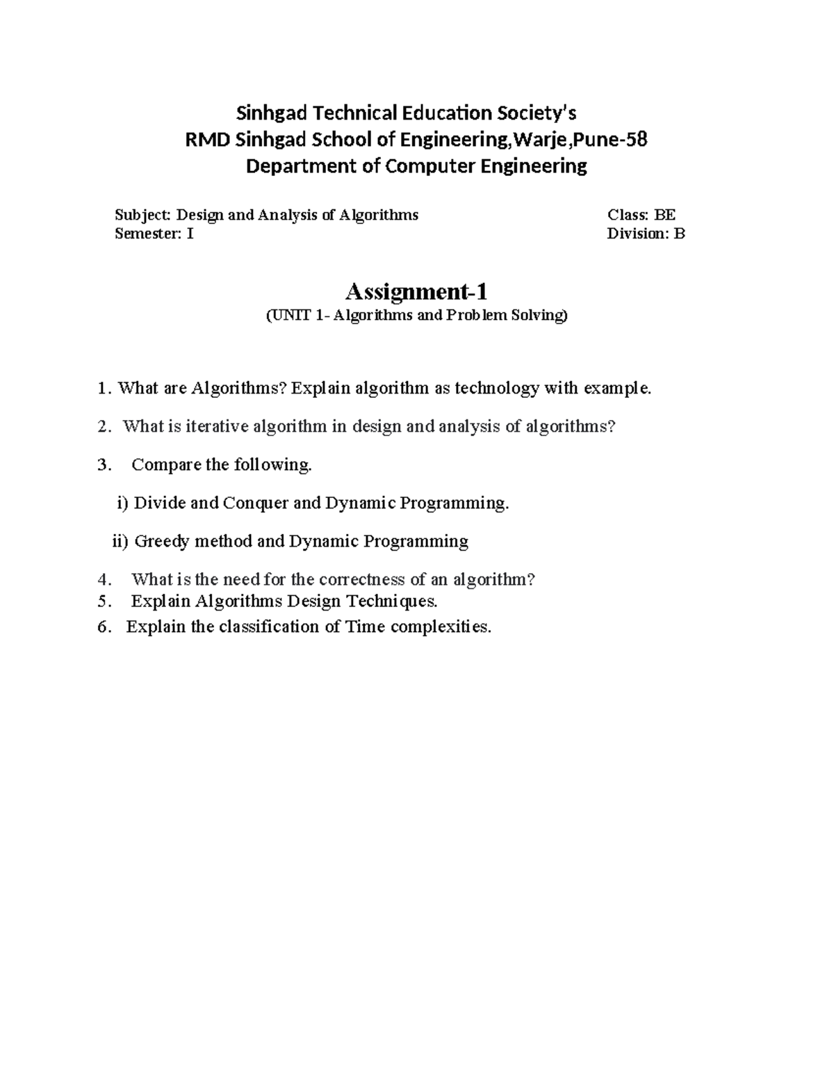 DAA Assignment 1 - Sinhgad Technical Education Society’s RMD Sinhgad ...