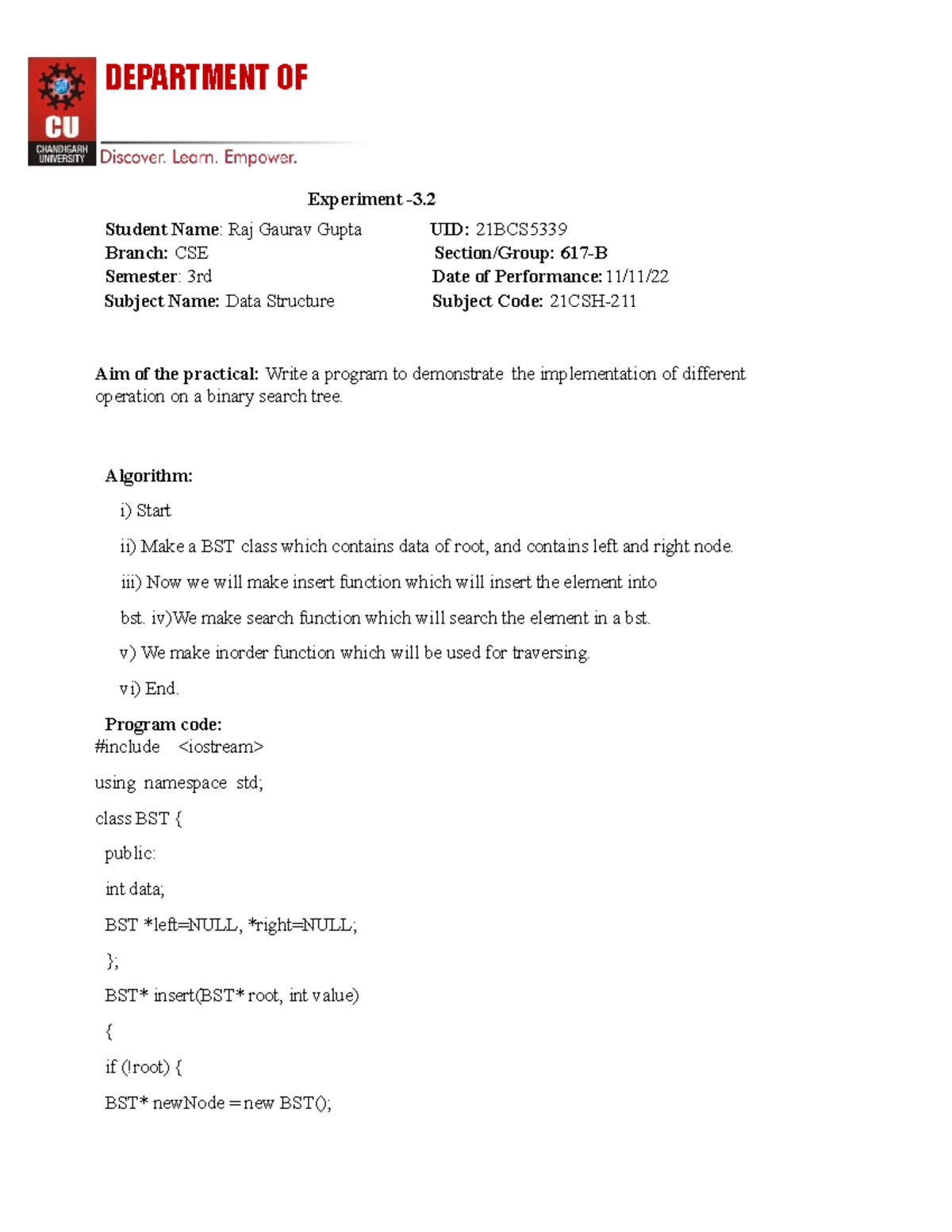 DS-3 - DEPARTMENT OF Experiment -3. Student Name: Raj Gaurav Gupta UID ...