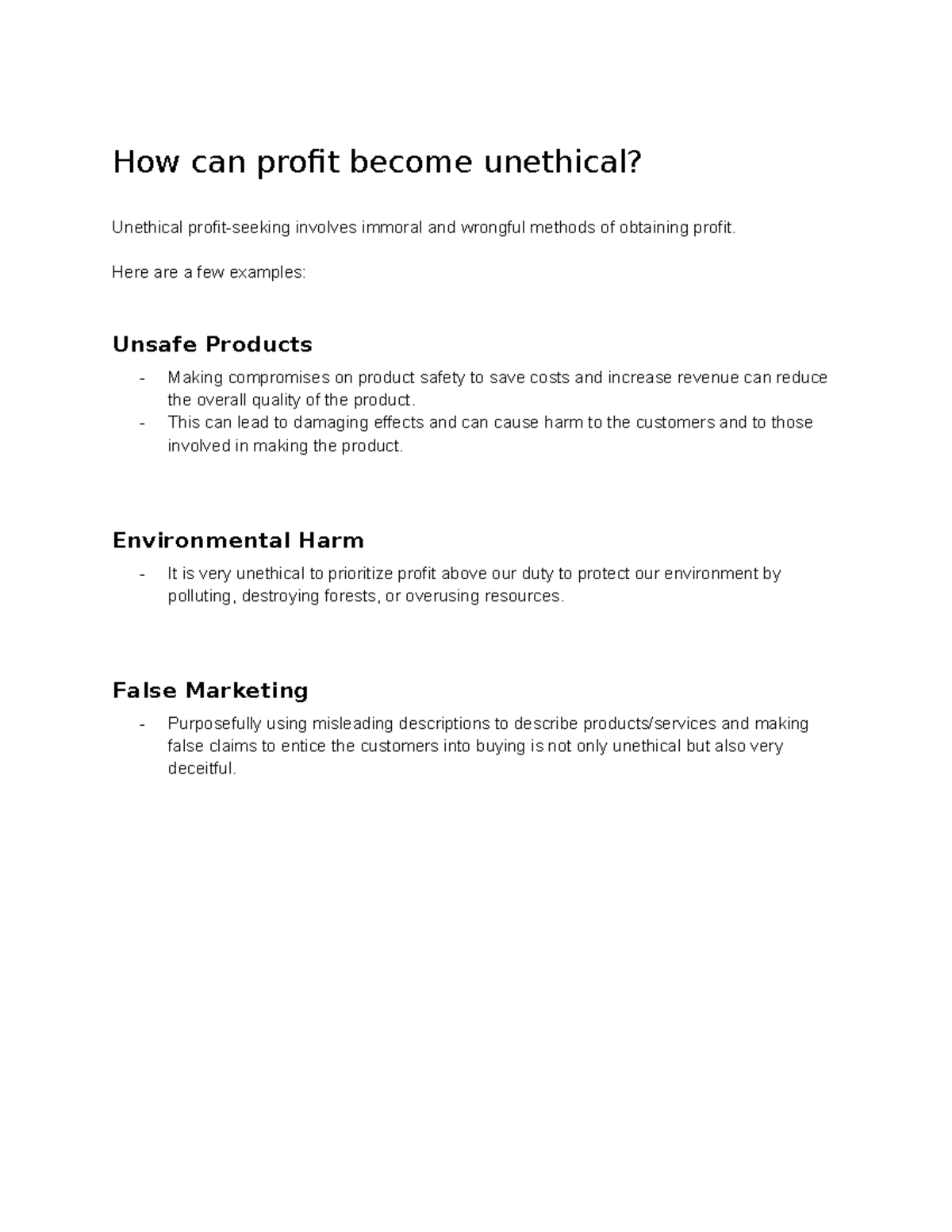 Assignement ON Chapter 1 - How can profit become unethical? Unethical ...
