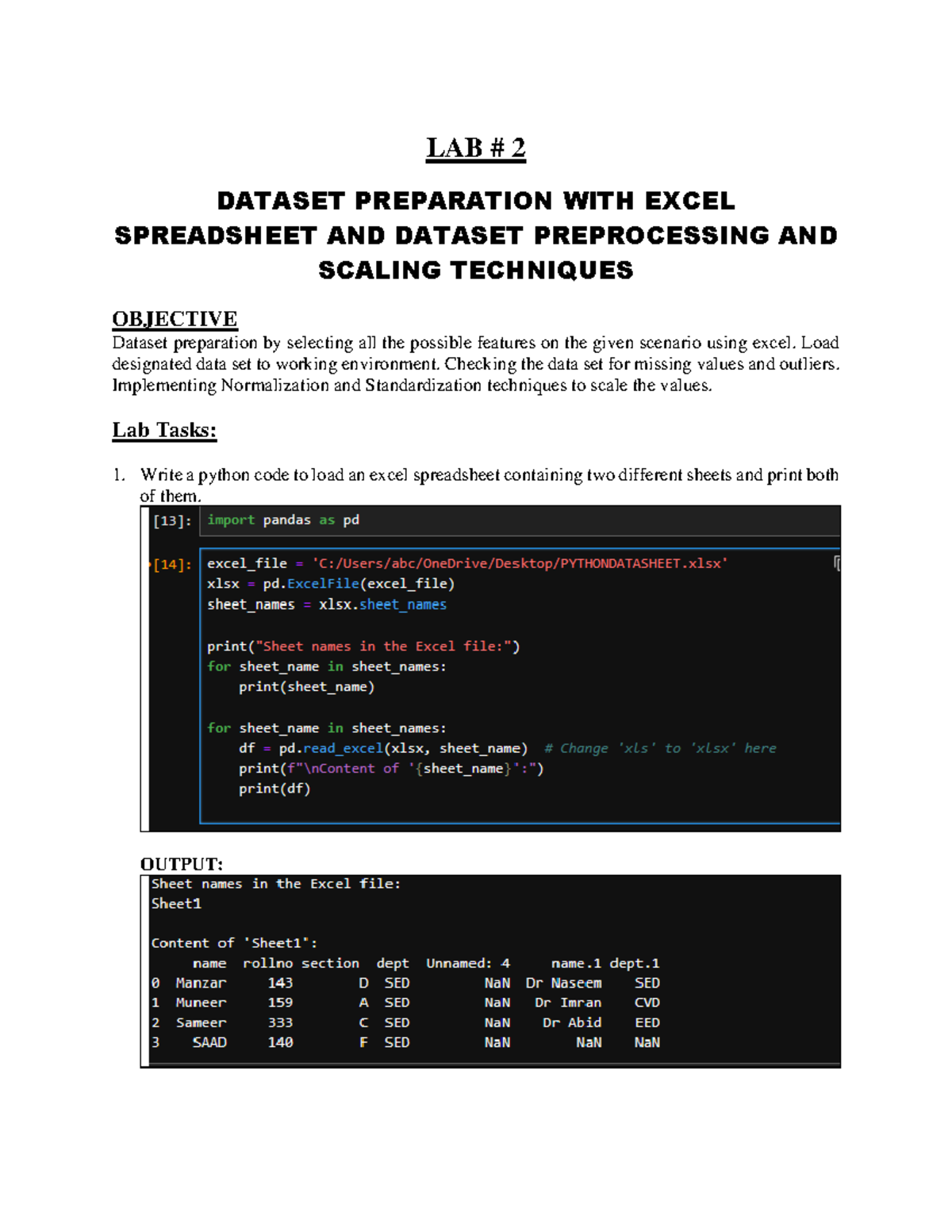 Ailab 1 - LAB # 2 DATASET PREPARATION WITH EXCEL SPREADSHEET AND DATASET PREPROCESSING AND ...