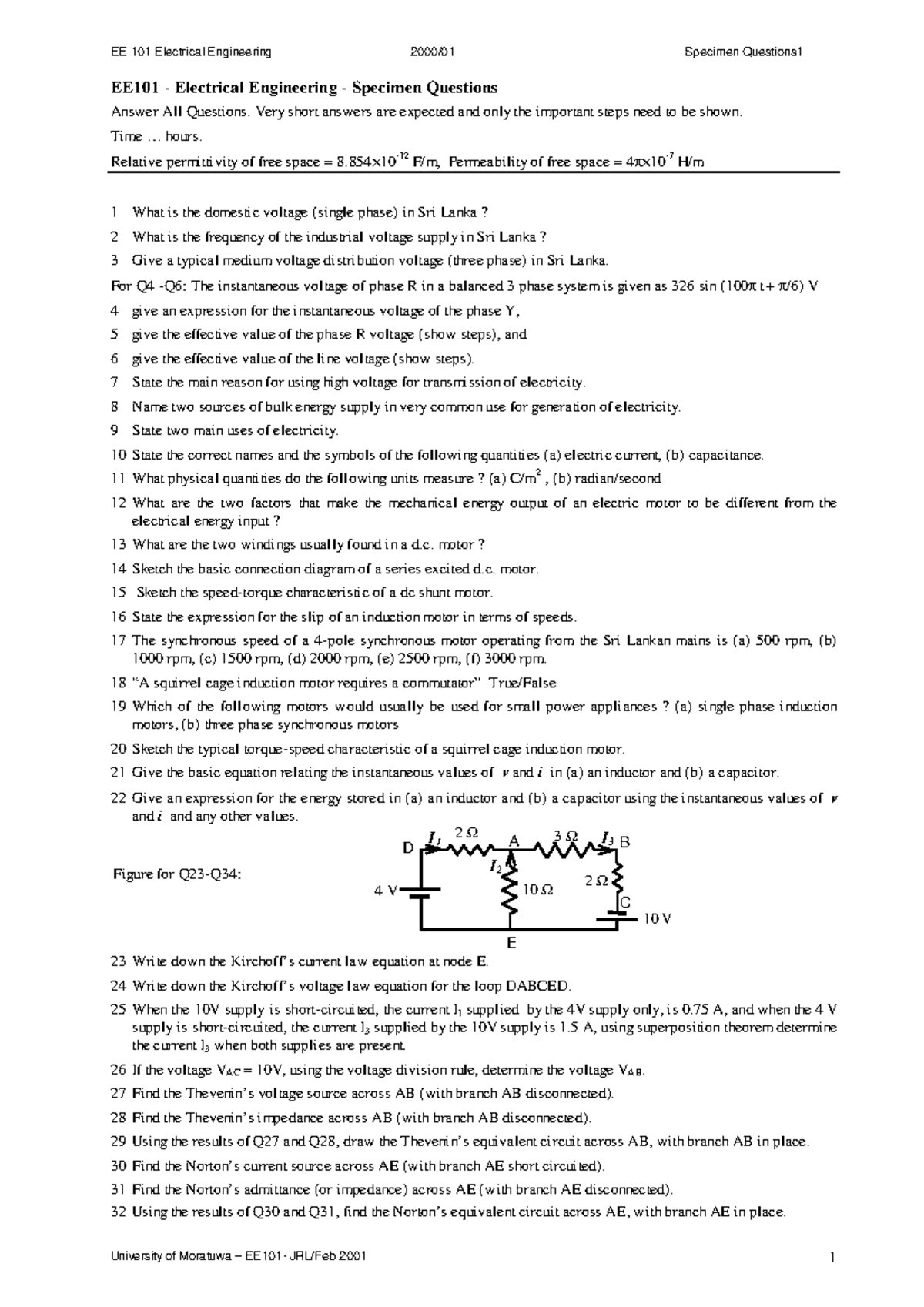 Exam 2014, questions and answers - EE 101 Electrical Engineering 2000/01 Specimen Questions ...