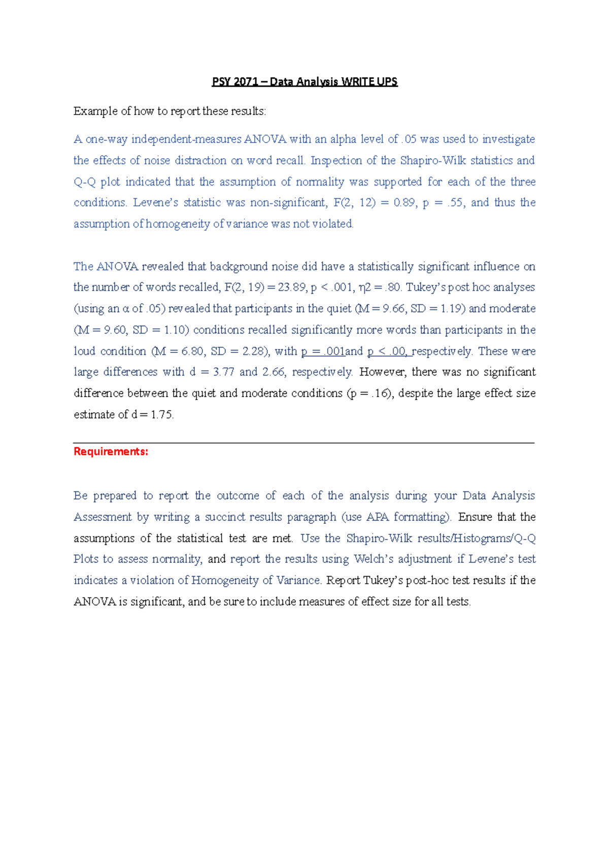 PSY Data Analysis Write-ups - PSY 2071 – Data Analysis WRITE UPS ...