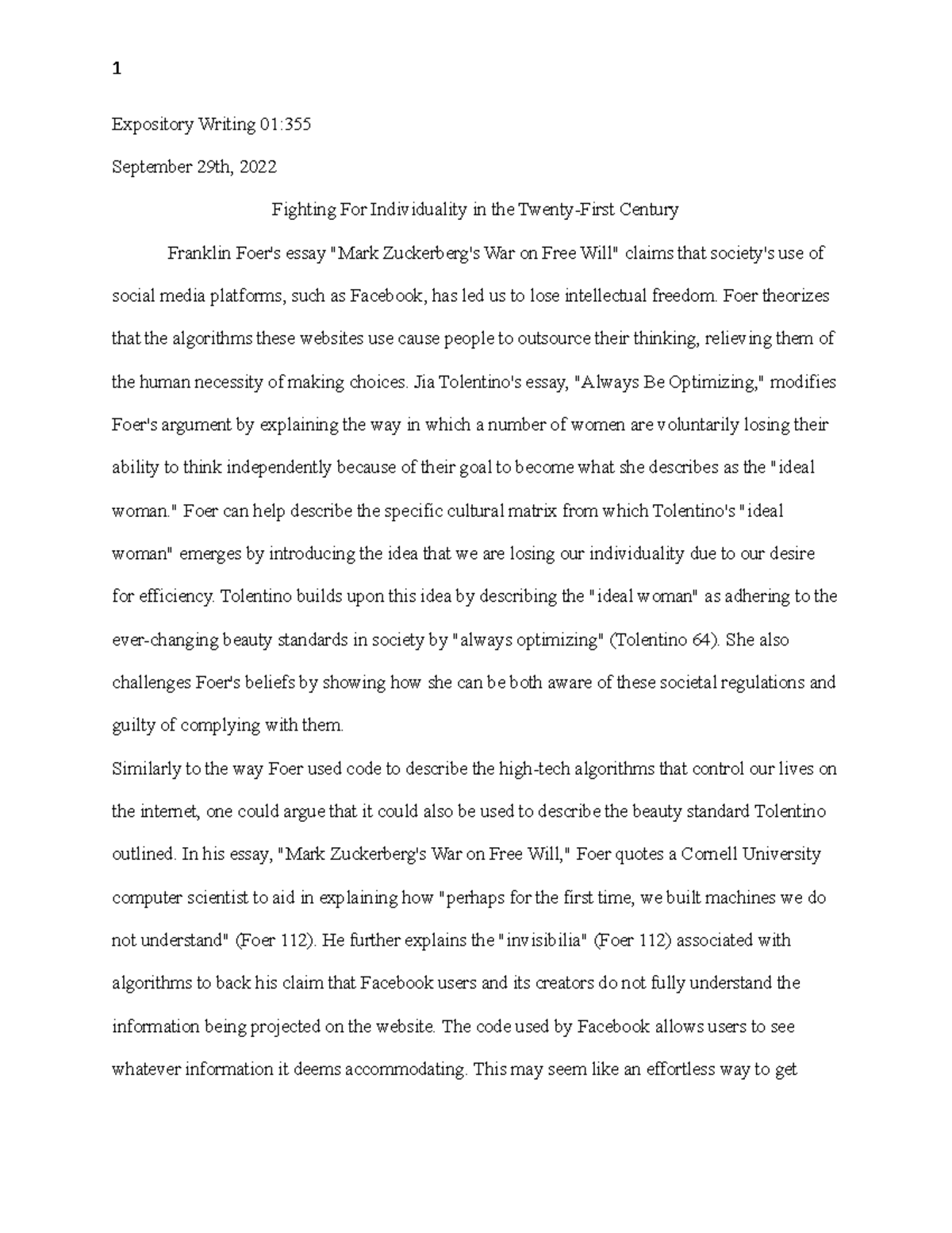 Analytical Essay 1 Final Draft - Expository Writing 01: September 29th ...