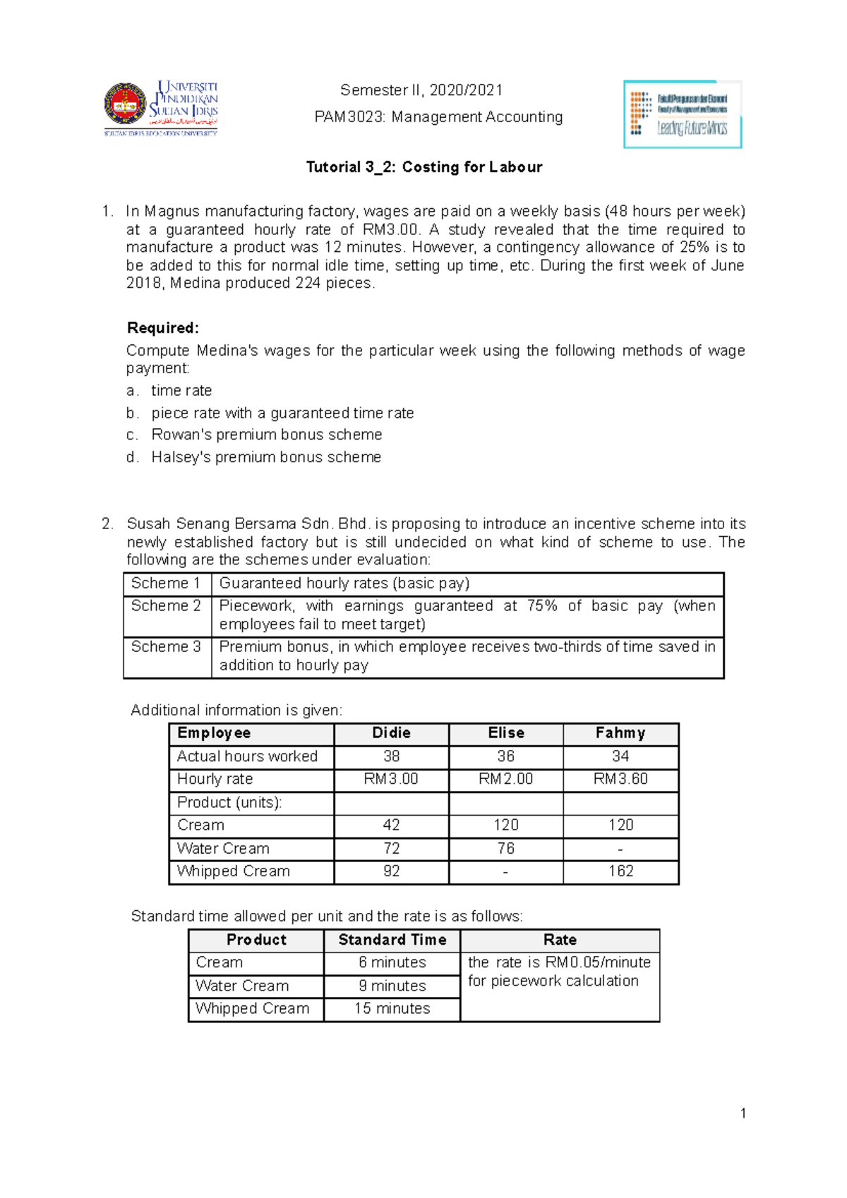 Tutorial 3 2 Costing for Labour - Semester II, 2020/ PAM3023 ...