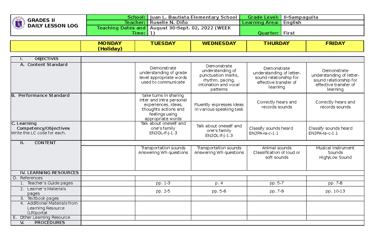 DLL Week-2 English - Lesson Plan - GRADES II DAILY LESSON LOG School ...