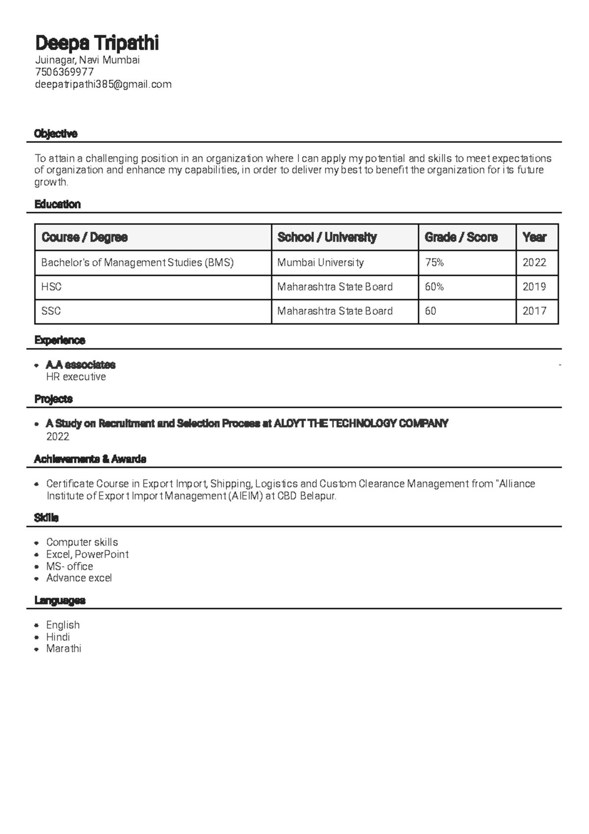 Deepa CV - Deepa Tripathi Juinagar, Navi Mumbai 7506369977 ...