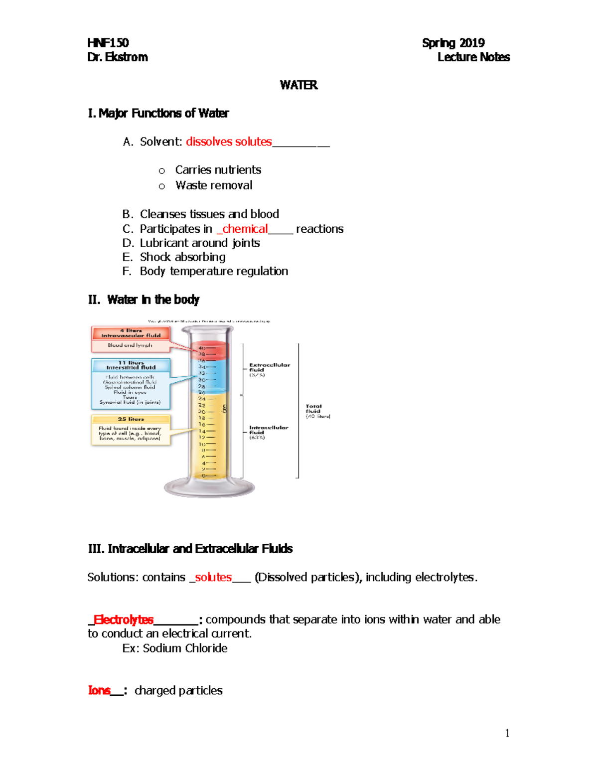 Water - SS20 Lecture Outline - Dr. Ekstrom Lecture Notes WATER I. Major ...