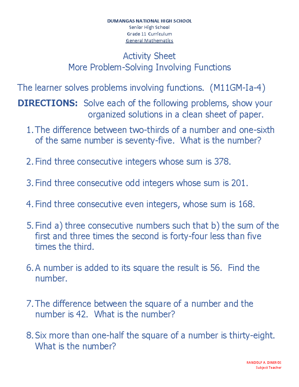 Activity Sheet-Operations on Functions(More Problems) - DUMANGAS ...