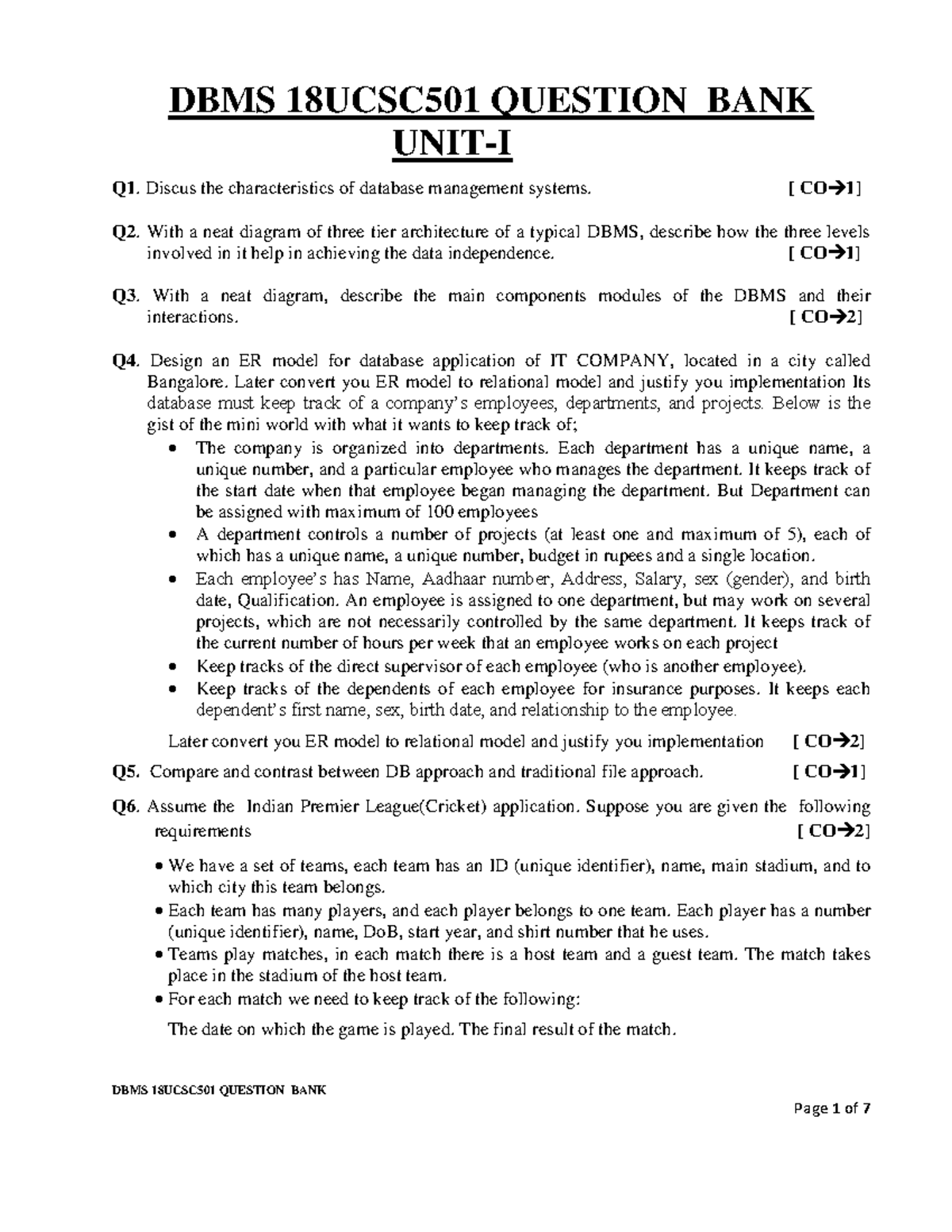 DBMS QB - DBMS 18UCSC501 QUESTION BANK DBMS 18UCSC501 QUESTION BANK UNIT-I Q1. Discus the - Studocu