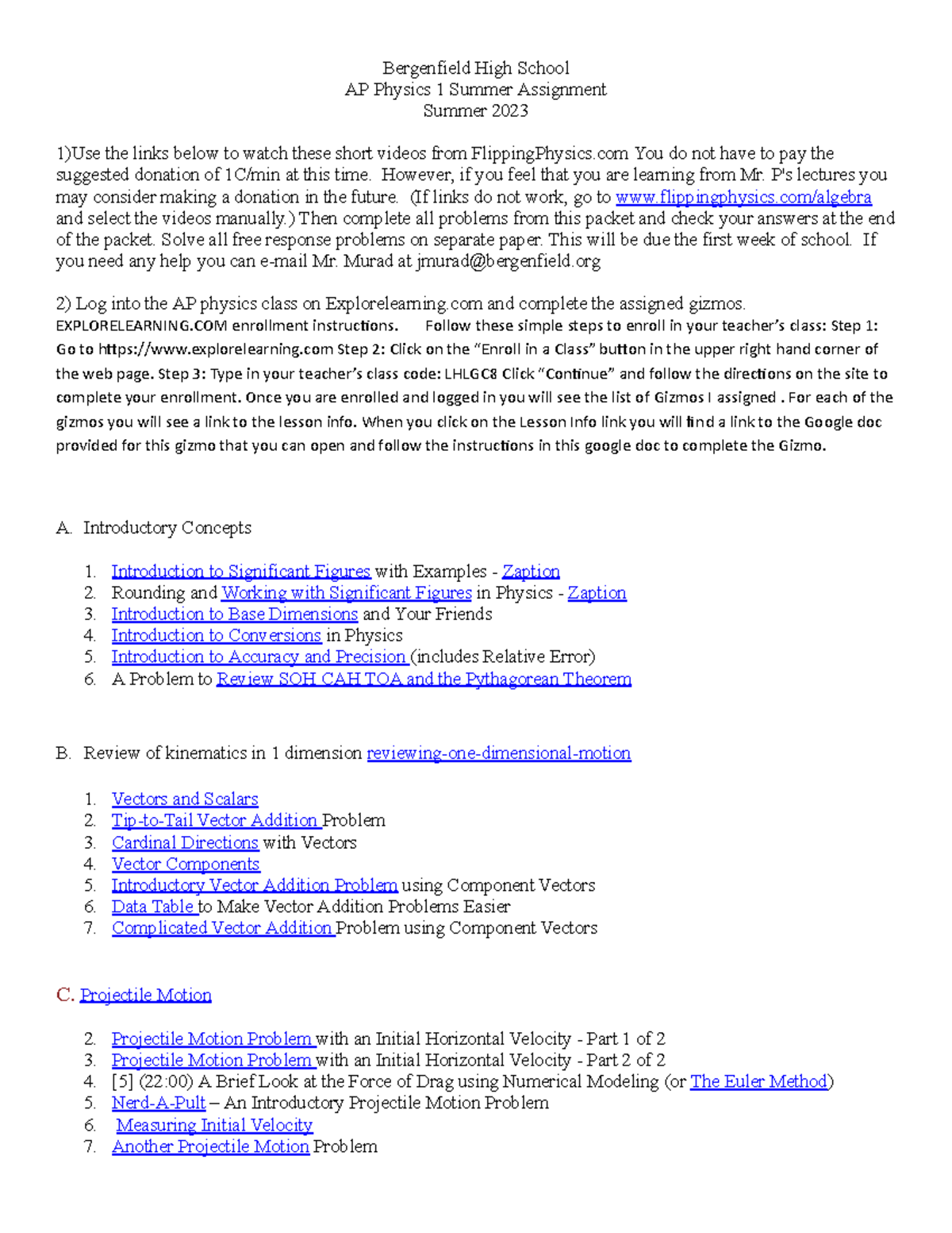 Bhs ap physics 1 - Bergenfield High School AP Physics 1 Summer Assignment Summer 2023 1)Use the ...