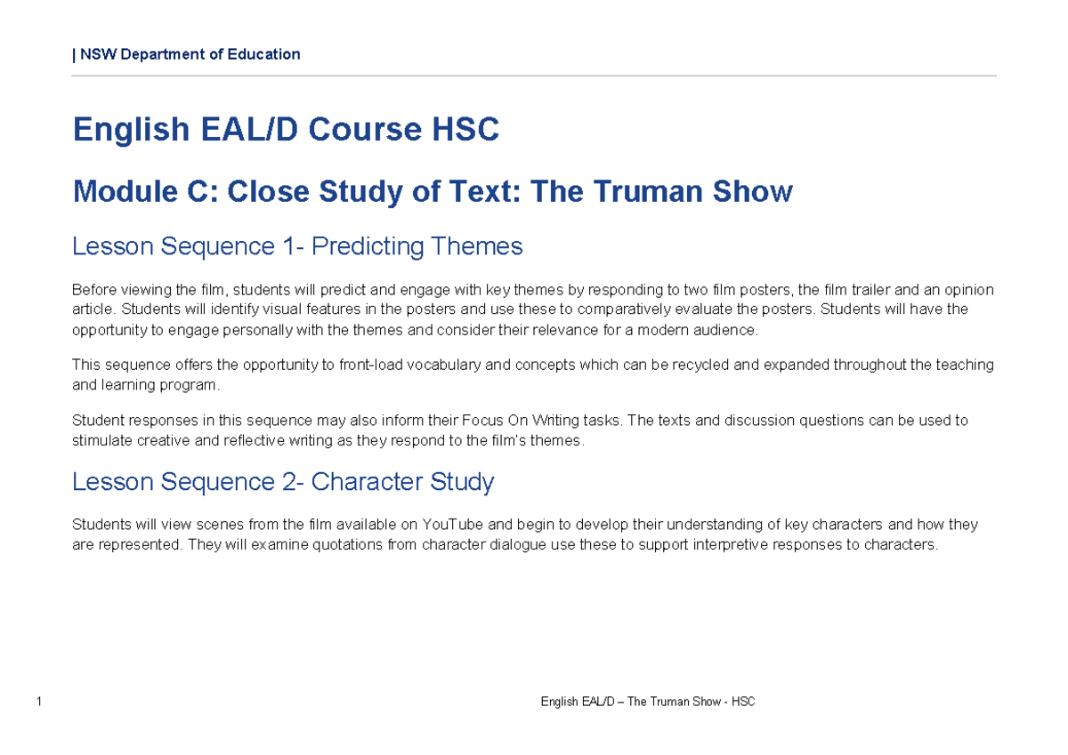 Truman show lesson sequence eald english s6 rl - | NSW Department of ...