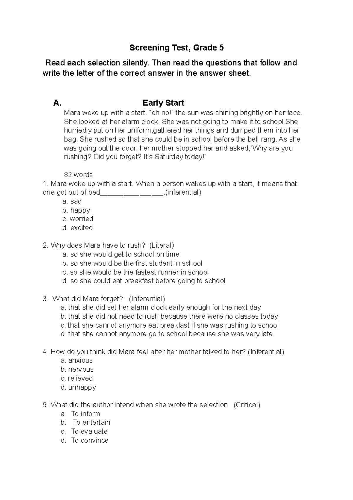 GST-grade 5 - Evangeline Guiang - Screening Test, Grade 5 Read each ...