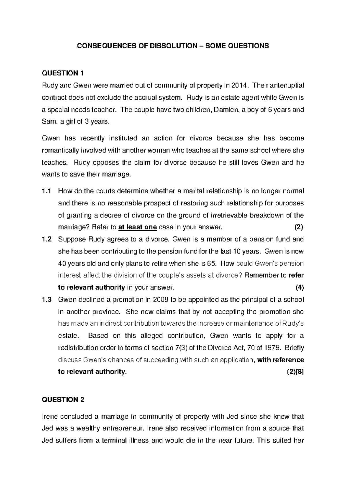 Week 10 Worksheet - CONSEQUENCES OF DISSOLUTION – SOME QUESTIONS ...