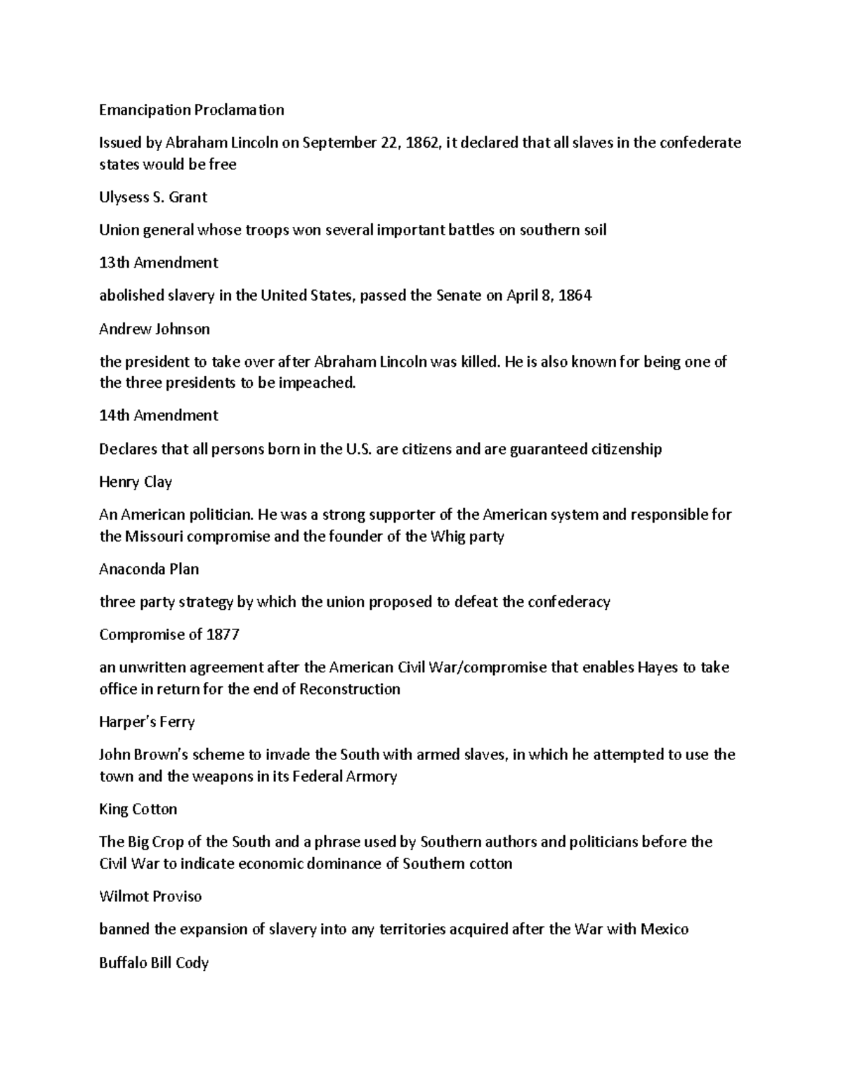 HIST OF THE US to 1877 Exam 3 notes - Emancipation Proclamation Issued ...