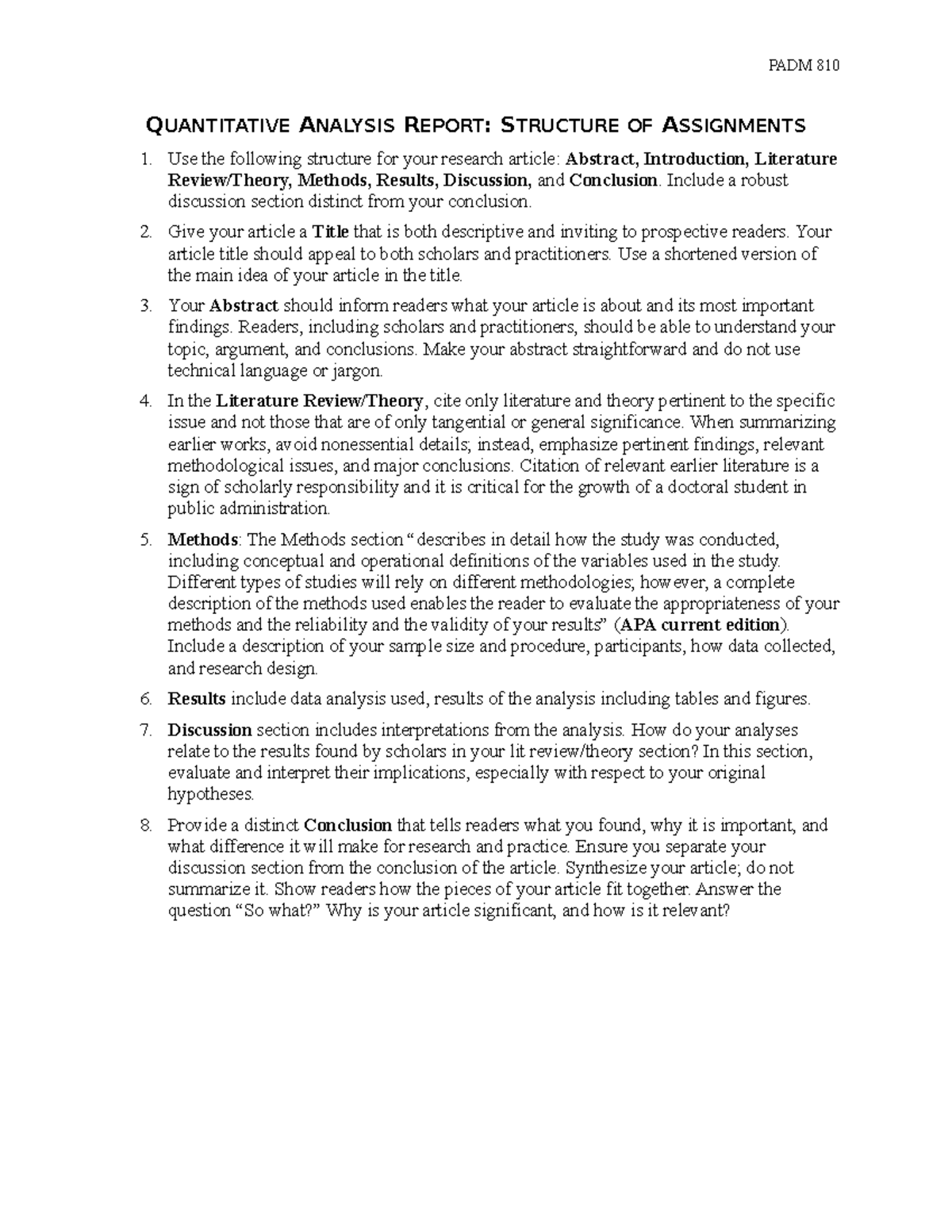 Quantitative Analysis Report Structure of Assignments - PADM810 - LU - Studocu