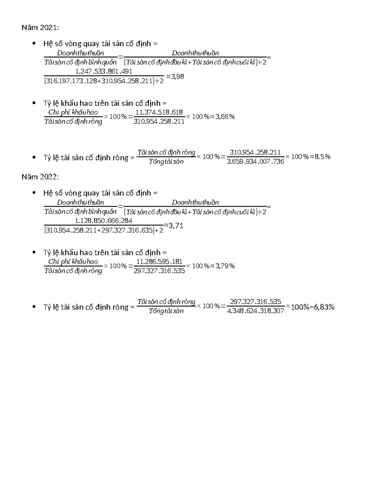 Tính-toán-C4 - Kttc - Năm 2021: Hệ số vòng quay tài sản cố định = Doanhthu thuần Tài sản cố định ...