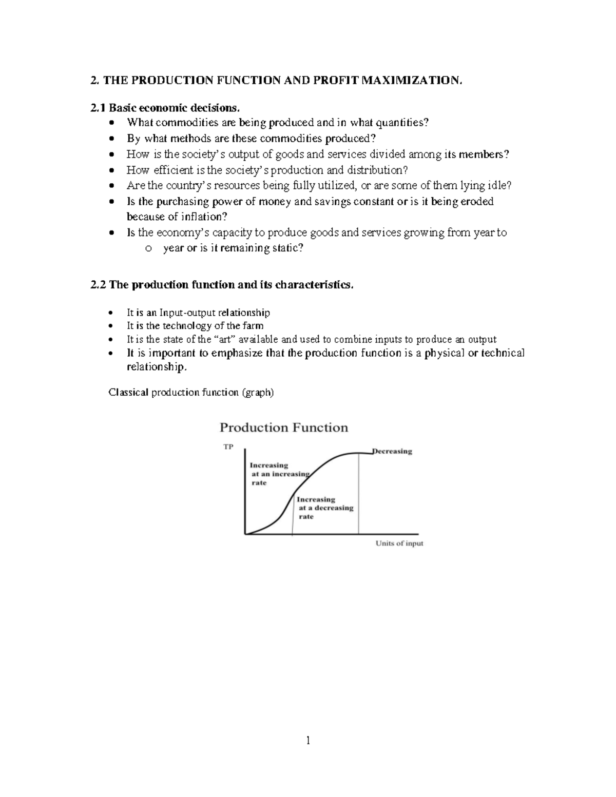 Lec 2-Production function 2 - 2. THE PRODUCTION FUNCTION AND PROFIT ...