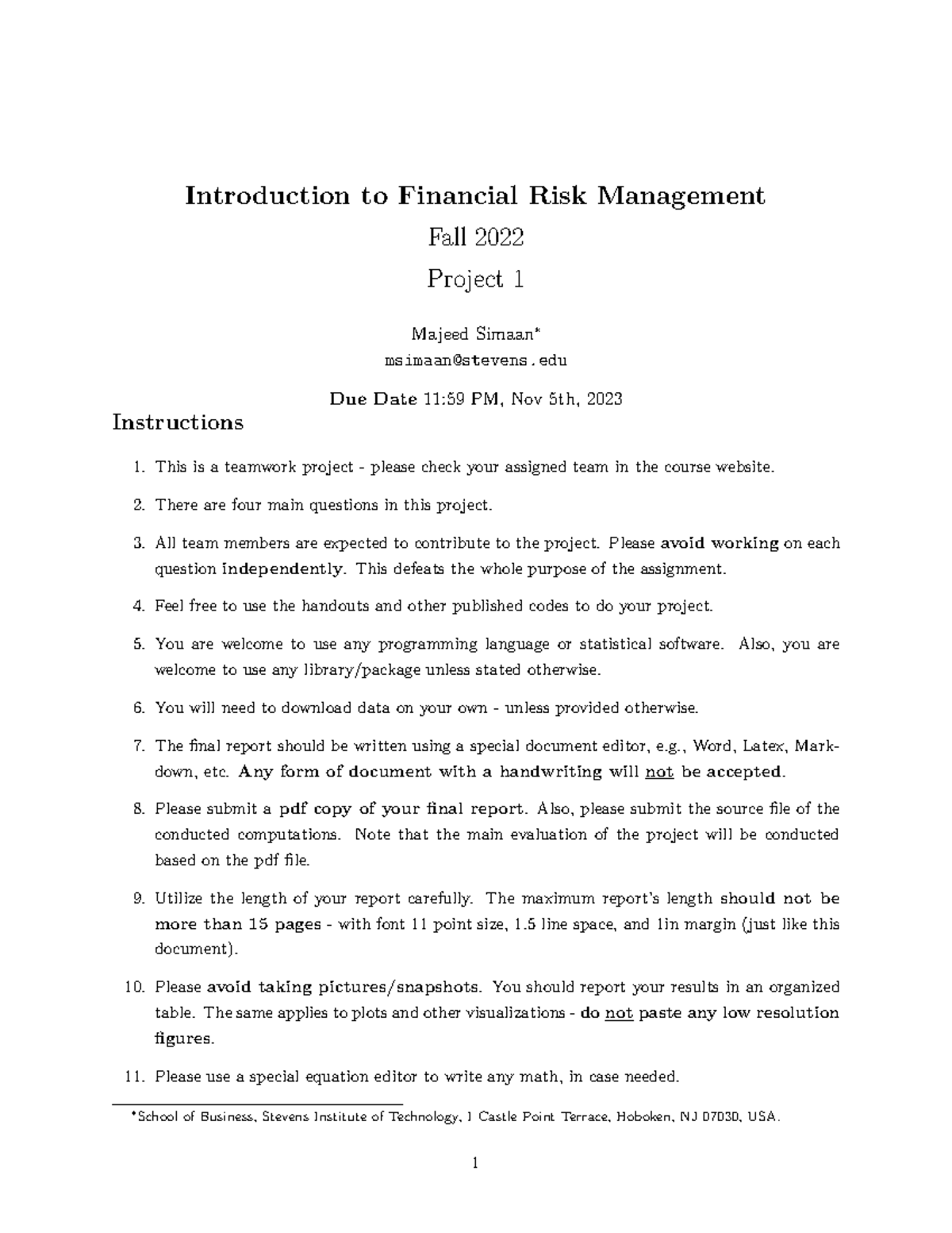 FE535 Project 01 - note - Introduction to Financial Risk Management ...