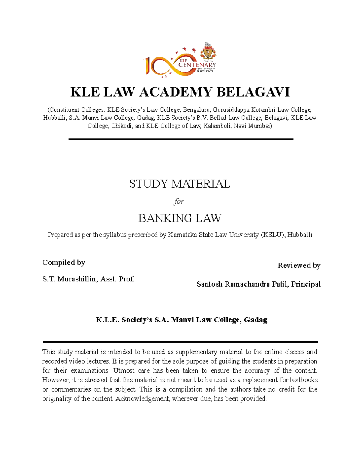 Banking Law notes 5 chapters - KLE LAW ACADEMY BELAGAVI (Constituent ...