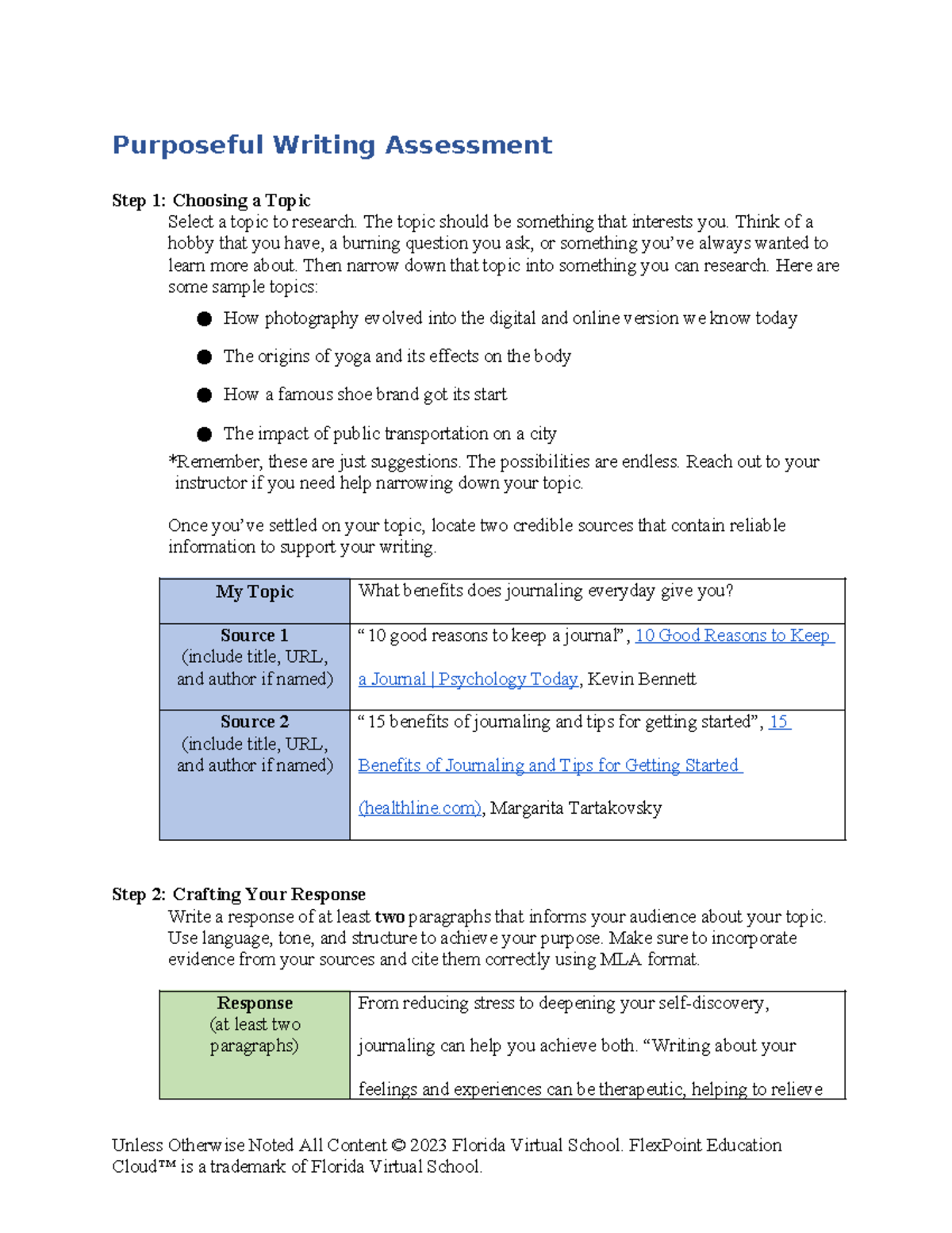 01 03 purposeful writing - Purposeful Writing Assessment Step 1 ...