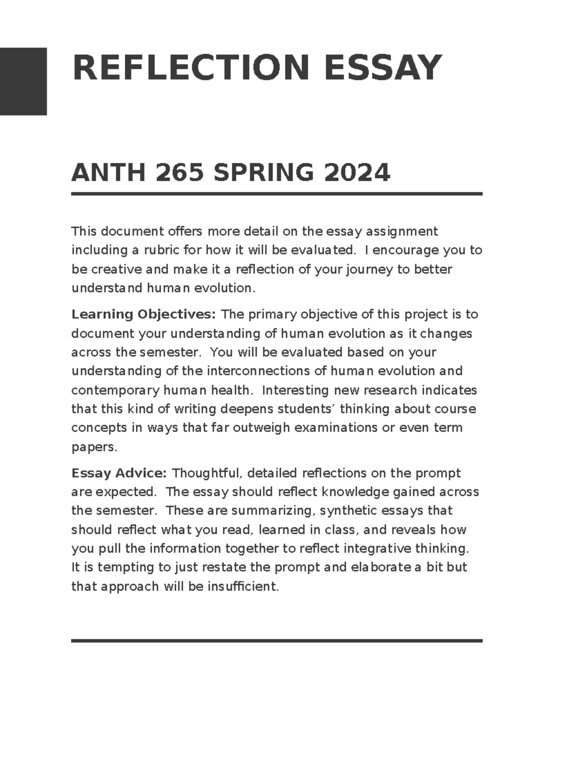 Final Reflection Spring 2024 - REFLECTION ESSAY ANTH 265 SPRING 202 4 ...