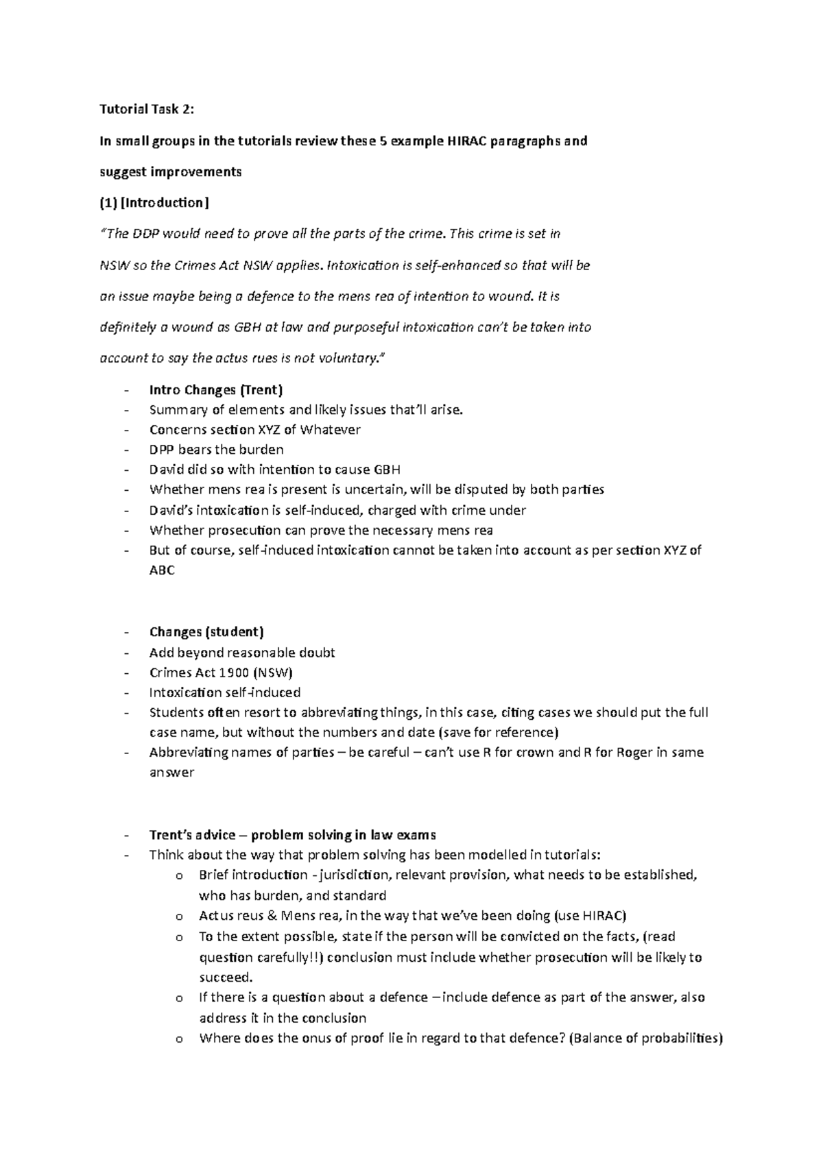 Tutorial Task 2 - Outline for Exam Answers - Tutorial Task 2: In small groups in the tutorials ...