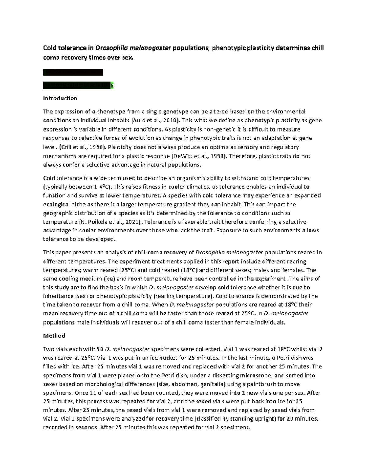 Final report BIOL1130 - Cold tolerance in Drosophila melanogaster ...