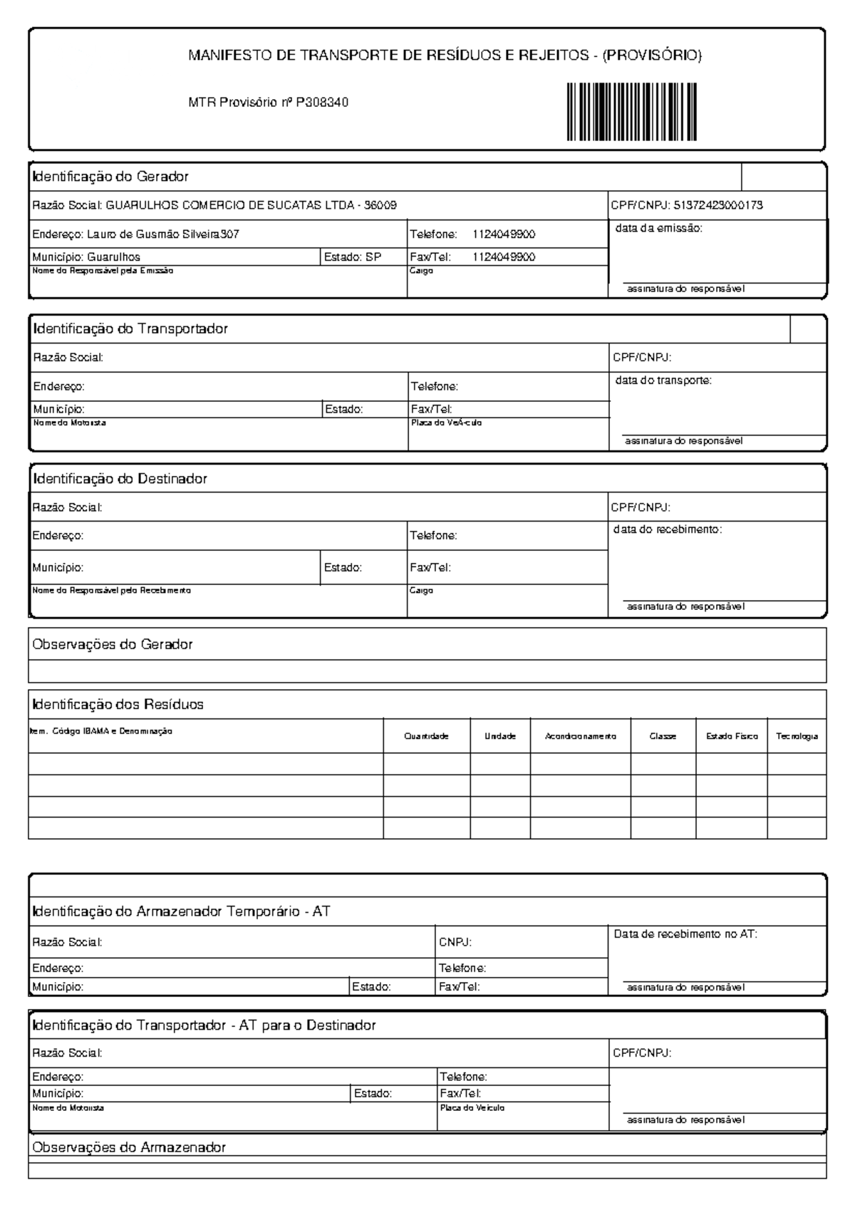 Manifesto Provisorio - Summary Desenvolvimento Web - MTR Provisório nº P Município: Fax/Tel ...