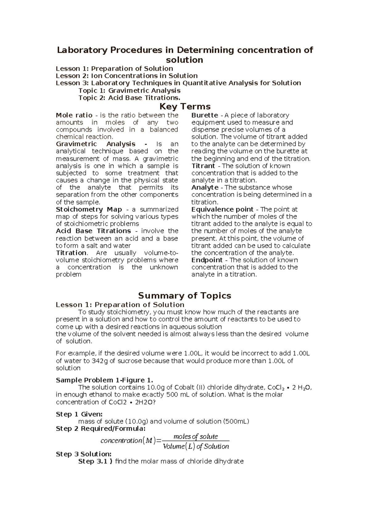 Solution Chemistry - Laboratory Procedures in Determining concentration ...