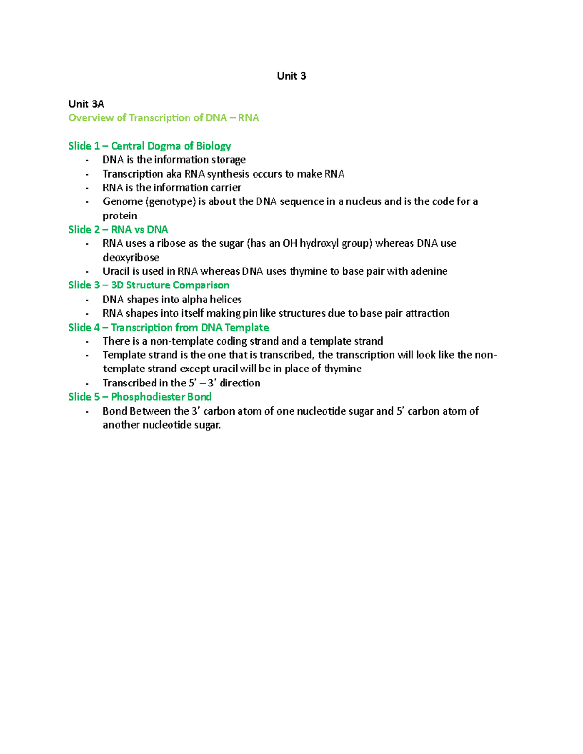 BIOL130 - Unit 3 Notes for transcription and translation - Biol 130 ...