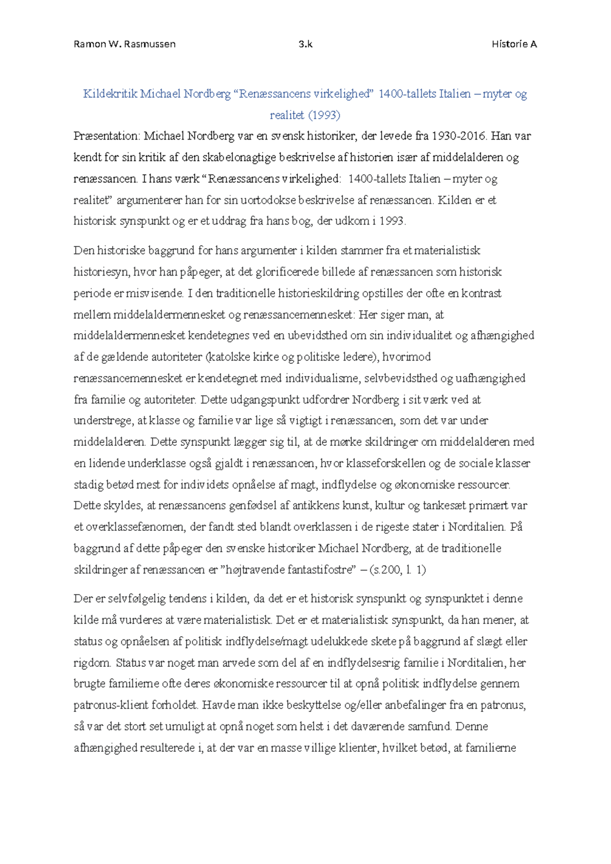 Kildekritik Michael Nordberg "Renæssancens virkelighed” 1400-tallets Italien - Ramon W ...