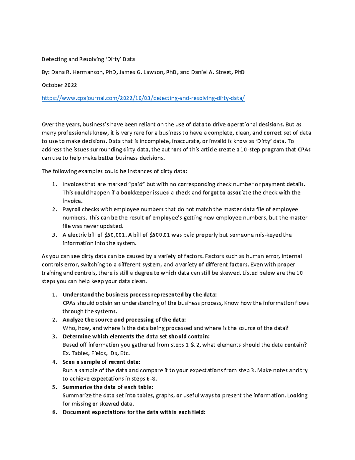 Document - Homework 14 - Detecting and Resolving ‘Dirty’ Data By: Dana ...