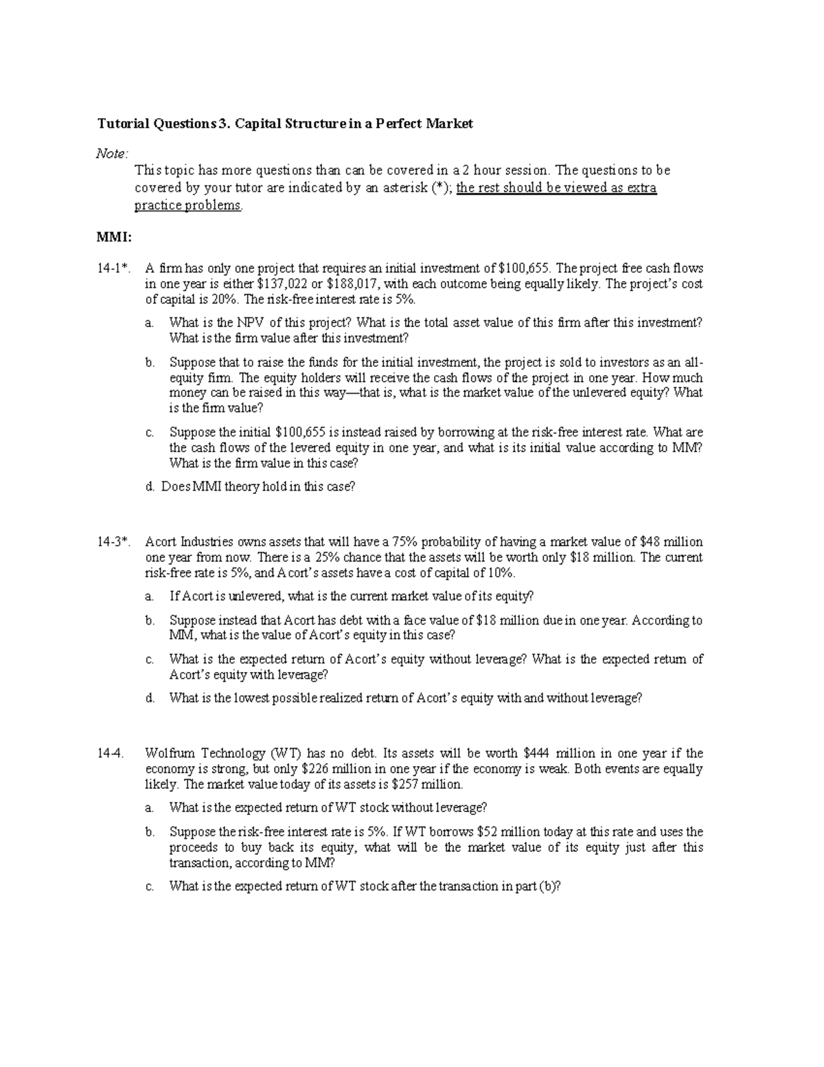 Tutorial 3a Questions - Tutorial Questions 3. Capital Structure in a ...