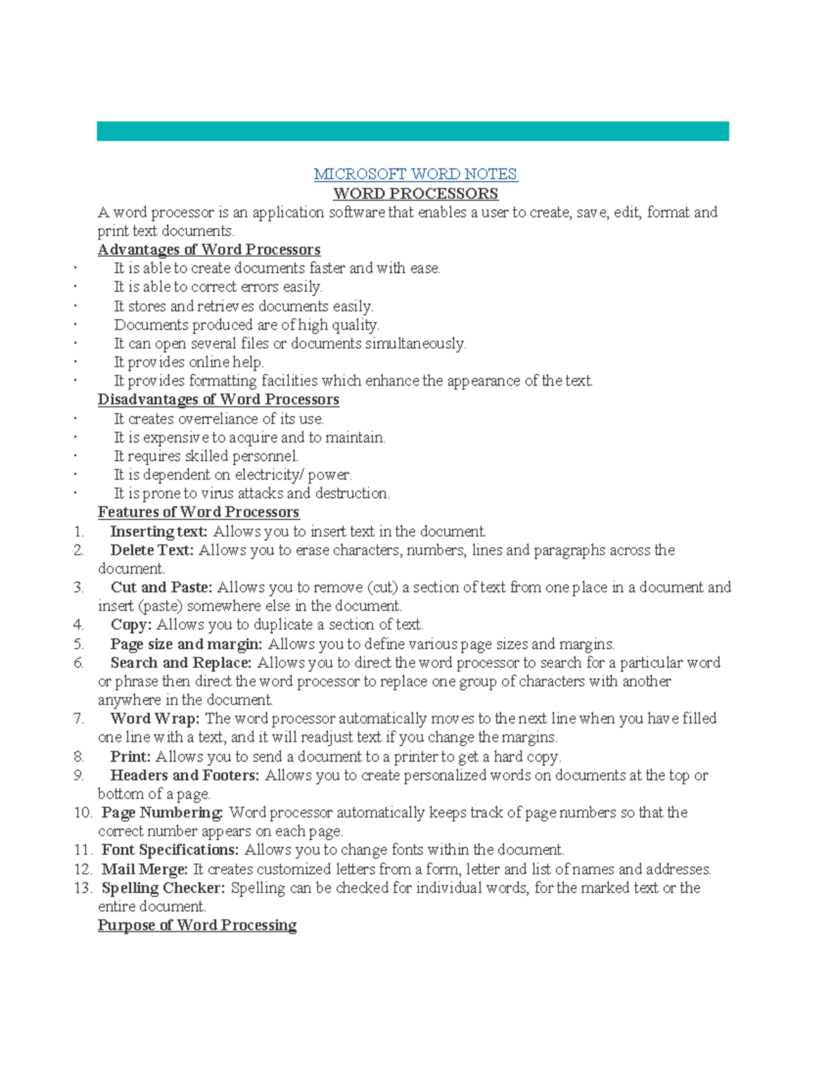 Microsoft WORD Notes - MICROSOFT WORD NOTES WORD PROCESSORS A word ...