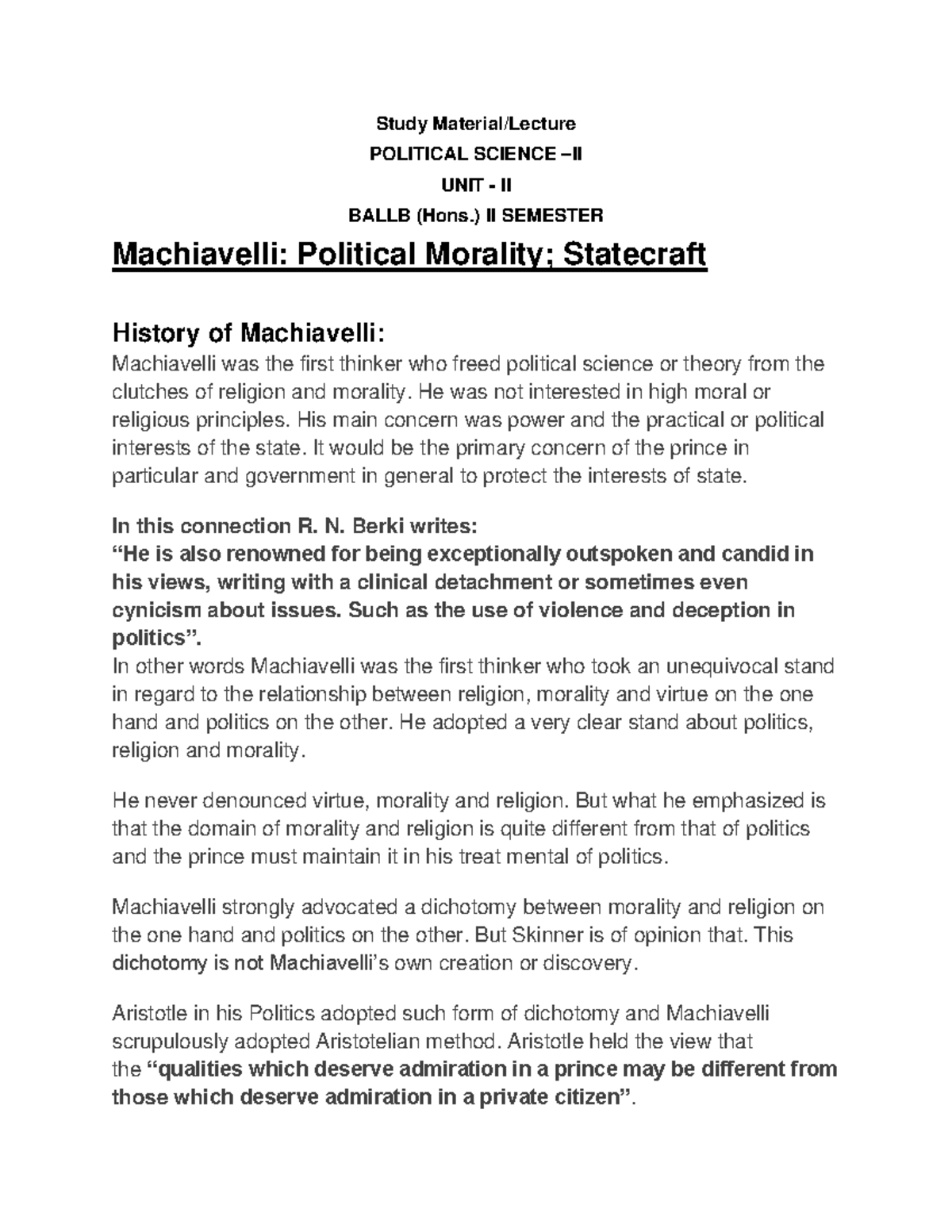 Machiavelli Statecraft - Study Material/Lecture POLITICAL SCIENCE – II ...