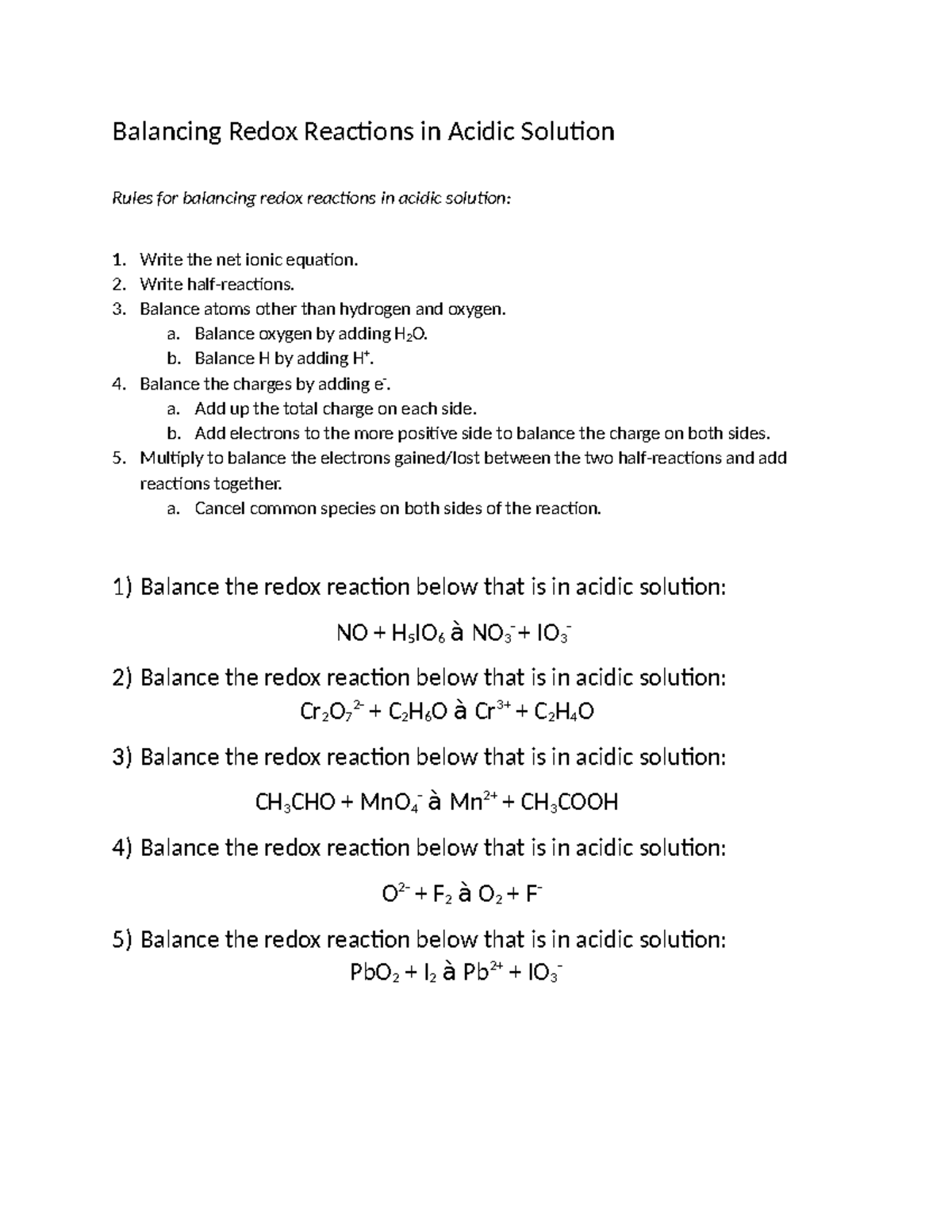 Balancing Redox Reactions in Acidic Solution - Write the net ionic ...