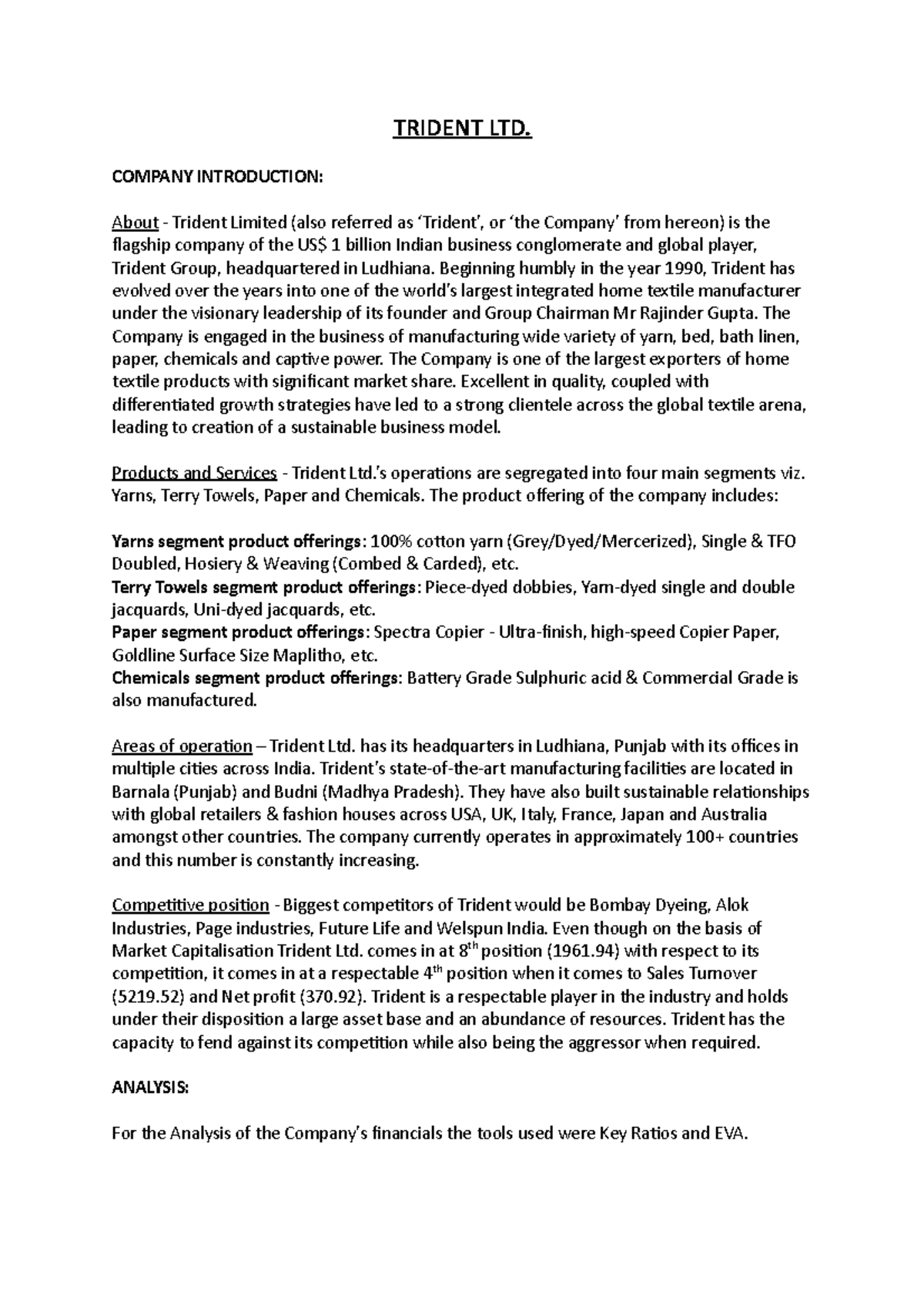 Trident LTD Report - TRIDENT LTD. COMPANY INTRODUCTION: About - Trident ...