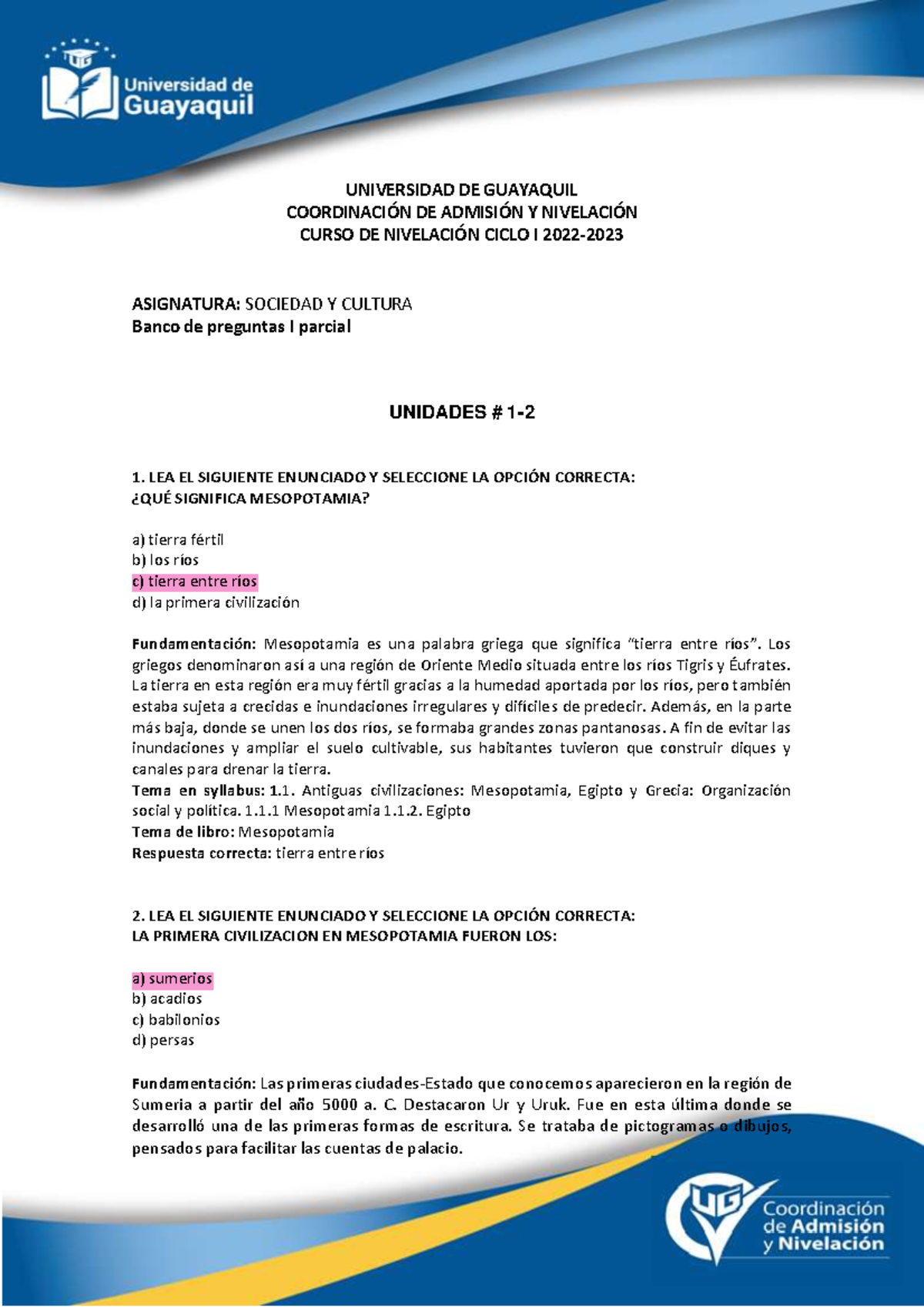 Cuestionario de Sociedad y Cultura - UNIVERSIDAD DE GUAYAQUIL COORDINACIÓN DE ADMISIÓN Y ...