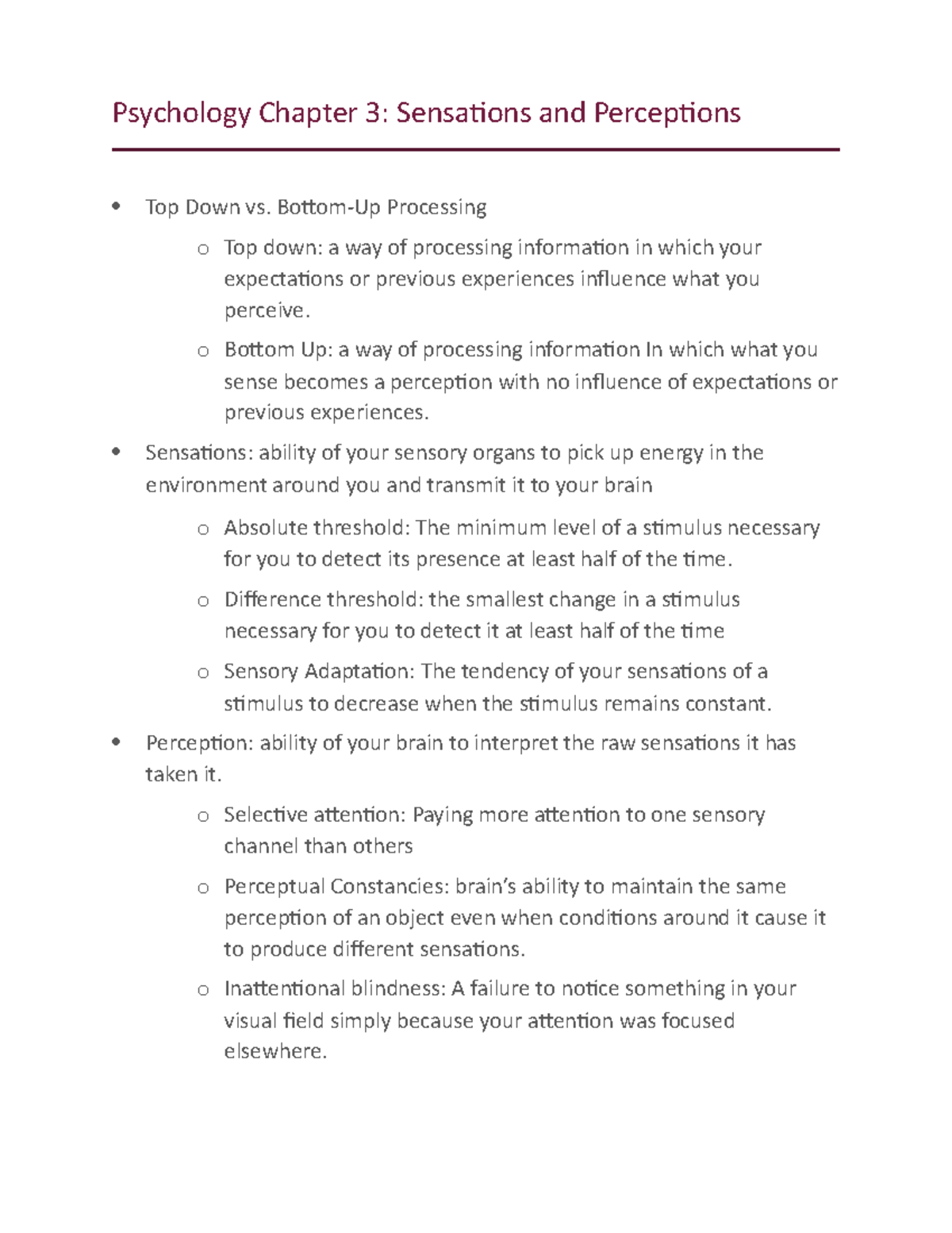 Psychology Chapter 3 Notes - Psychology Chapter 3: Sensations and ...
