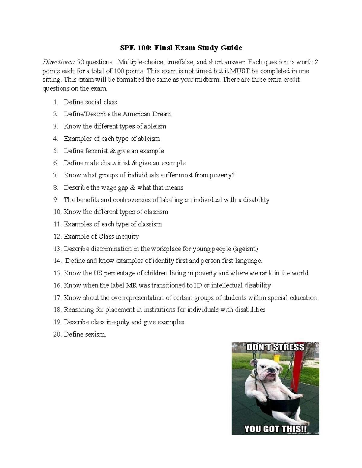 Spring 2024 SPE100Final Exam Study Guide - SPE 100: Final Exam Study ...