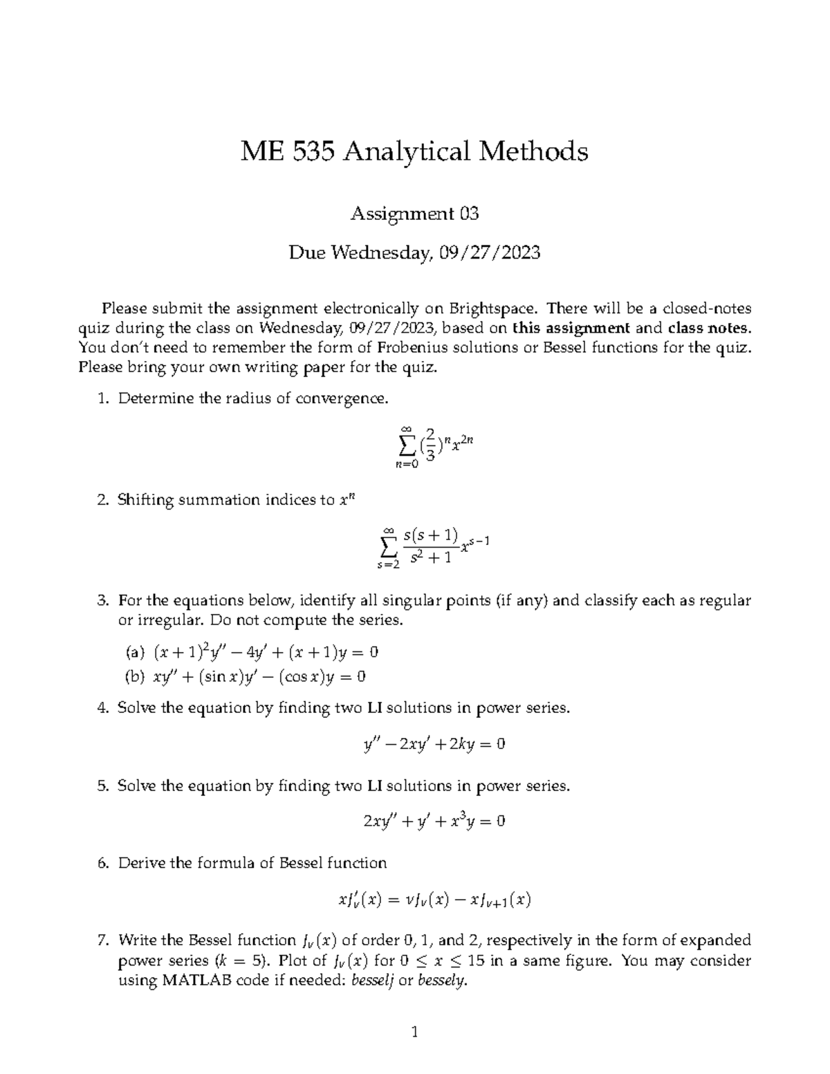 HW 03 - Homework 3 questions - ME 535 Analytical Methods Assignment 03 Due Wednesday, 09/27 ...