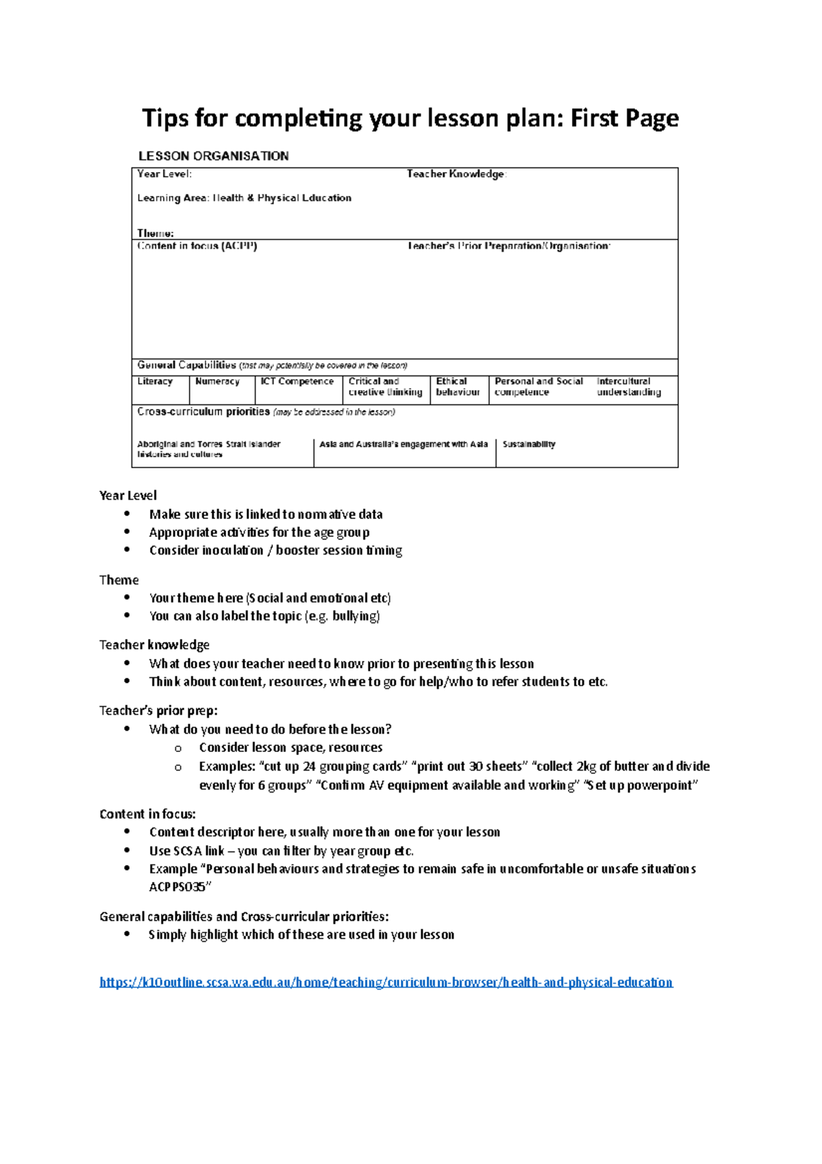 HLTH3000 Tips for completing your lesson plan - Tips for completing ...