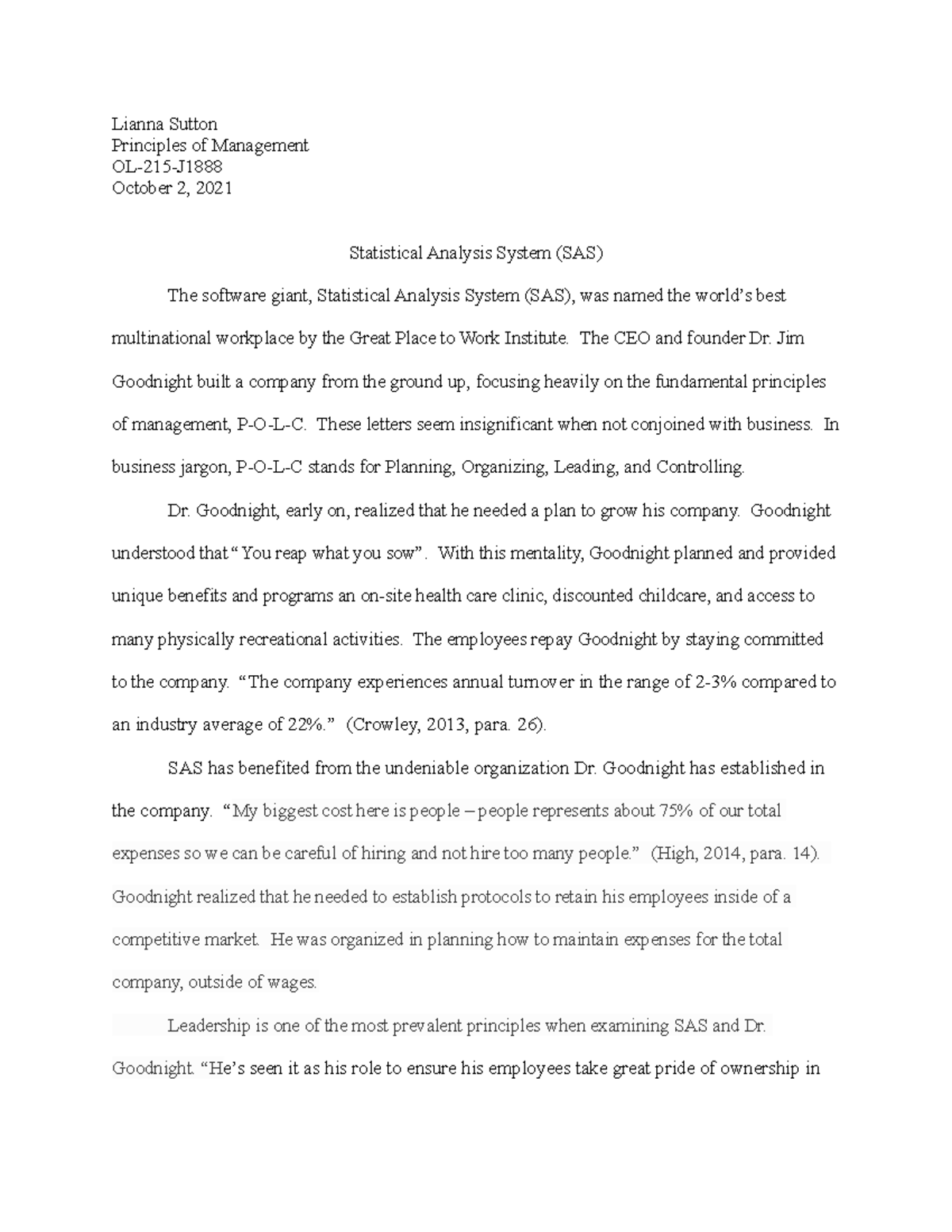 SAS paper final examination - Lianna Sutton Principles of Management OL ...