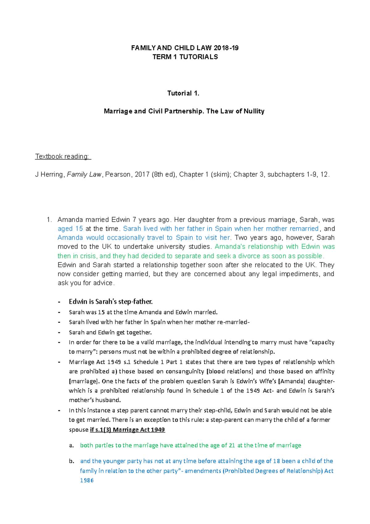 Fam Tutorial 1 - Laws - FAMILY AND CHILD LAW 2018- TERM 1 TUTORIALS Tutorial 1. Marriage and ...