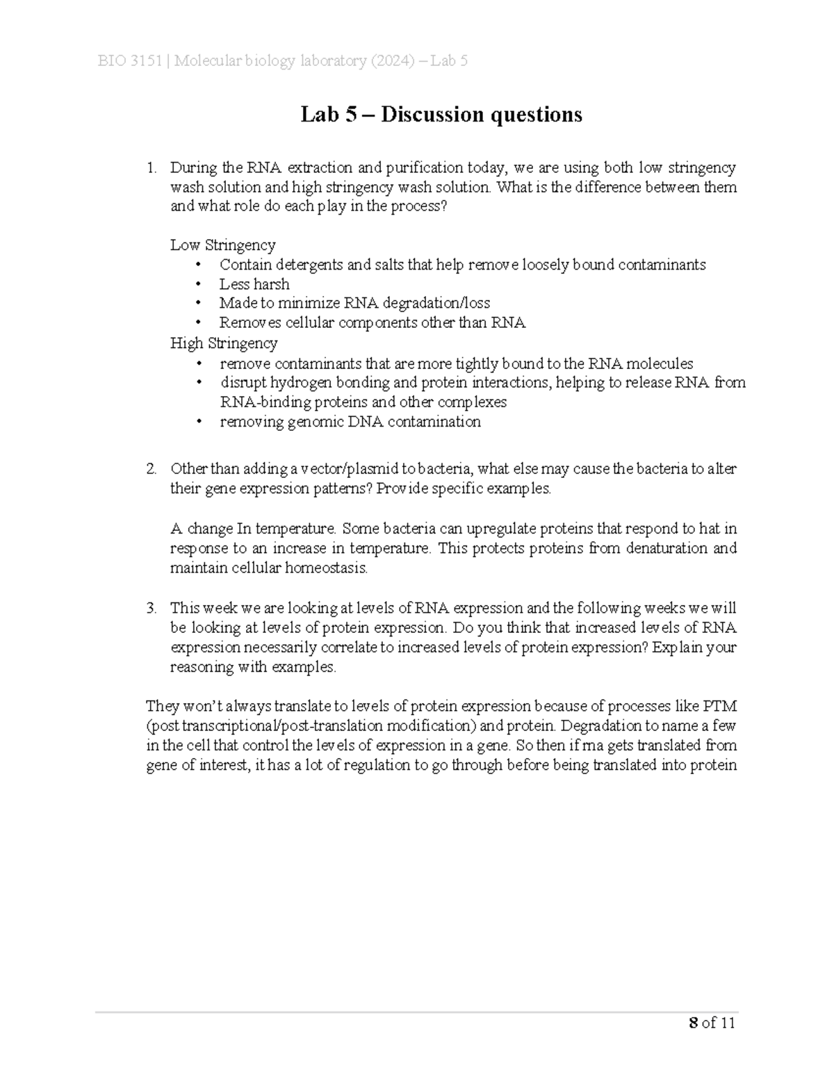 Lab 5 EN DQ - Summary Molecular Biology Lab - BIO 3151 | Molecular biology laboratory (2024 ...