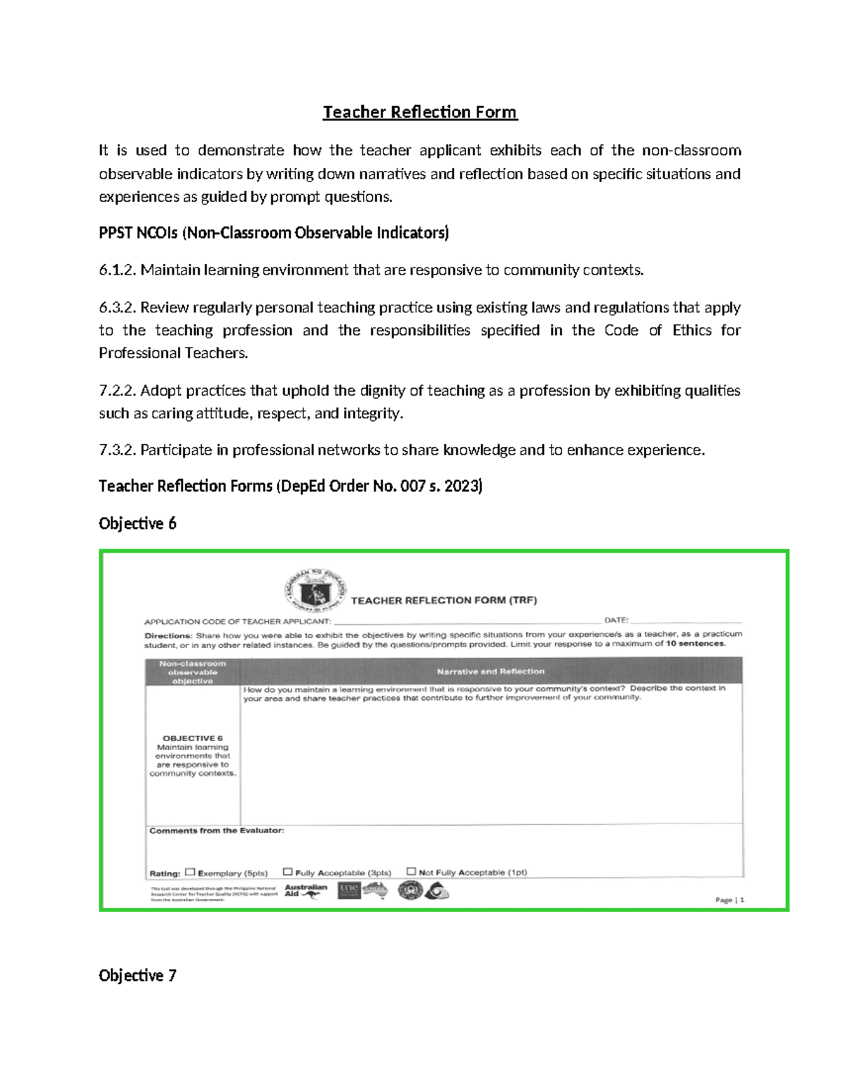 Teacher Reflection Form - PPST NCOIs (Non-Classroom Observable ...